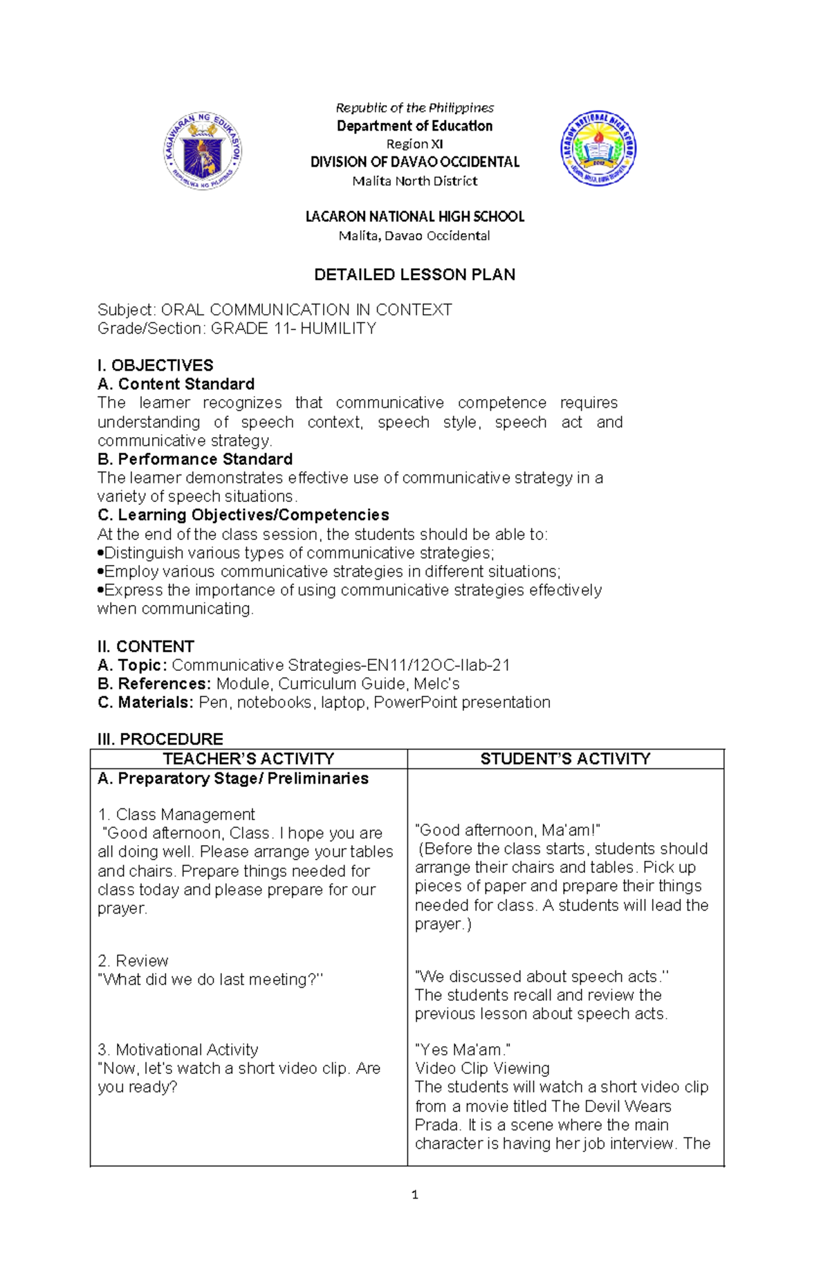 Detailed Lesson Plan for Oral Comm - Republic of the Philippines Department of Education Region ...