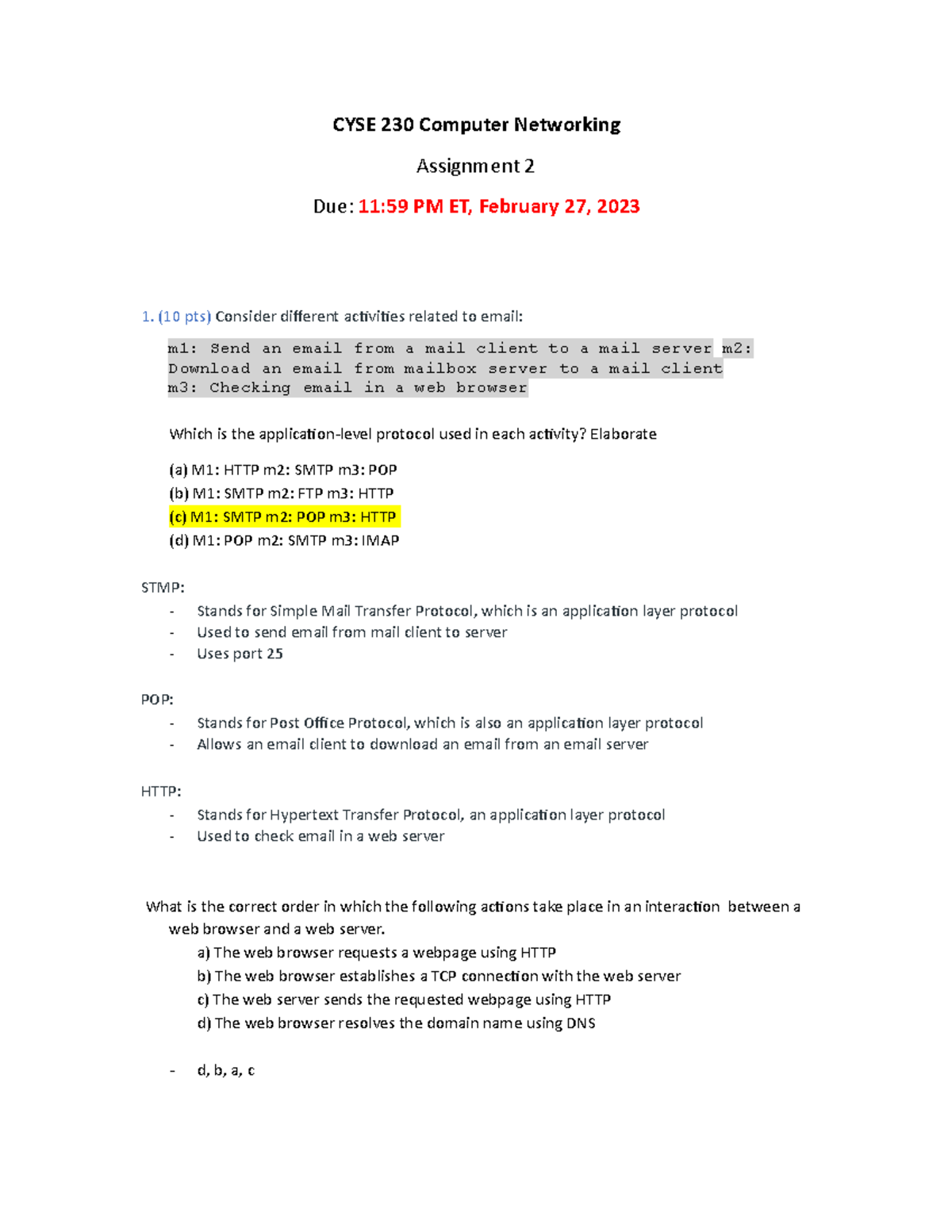 A2 - Pushpita Barua - HW 2 - CYSE 230 Computer Networking Assignment 2 Due: 11:59 PM ET ...