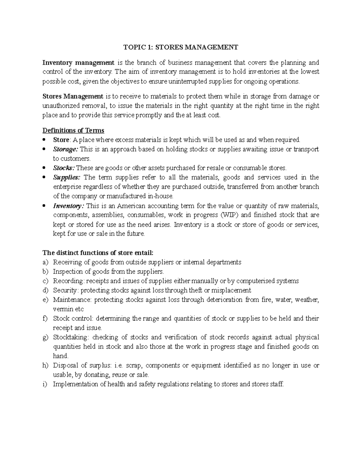 Topic 1 DPLM 0211 - Notes for stores and inventory management - TOPIC 1 ...