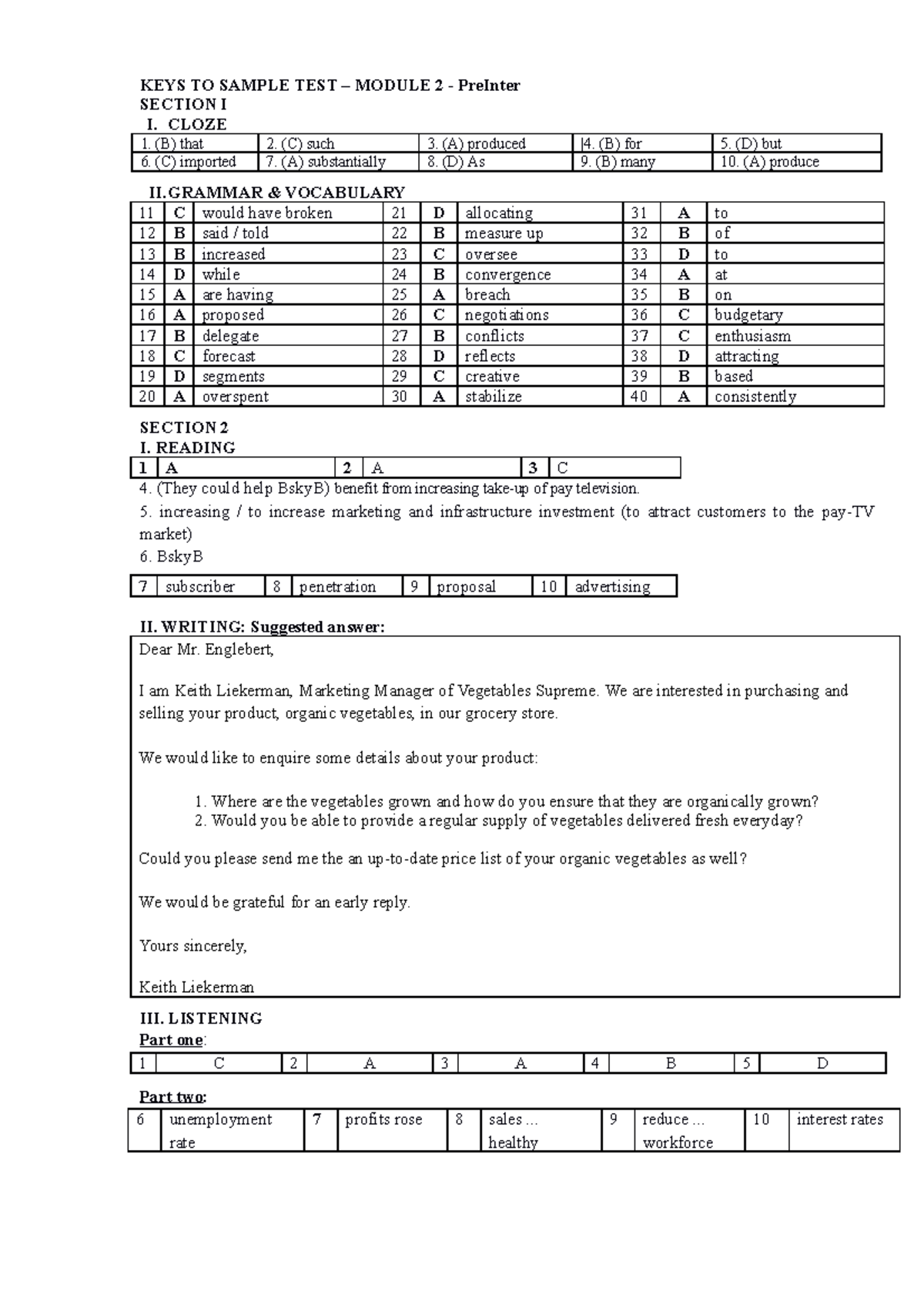 KEYS.Sample Test - Tiếng anh P2 - KEYS TO SAMPLE TEST – MODULE 2 ...