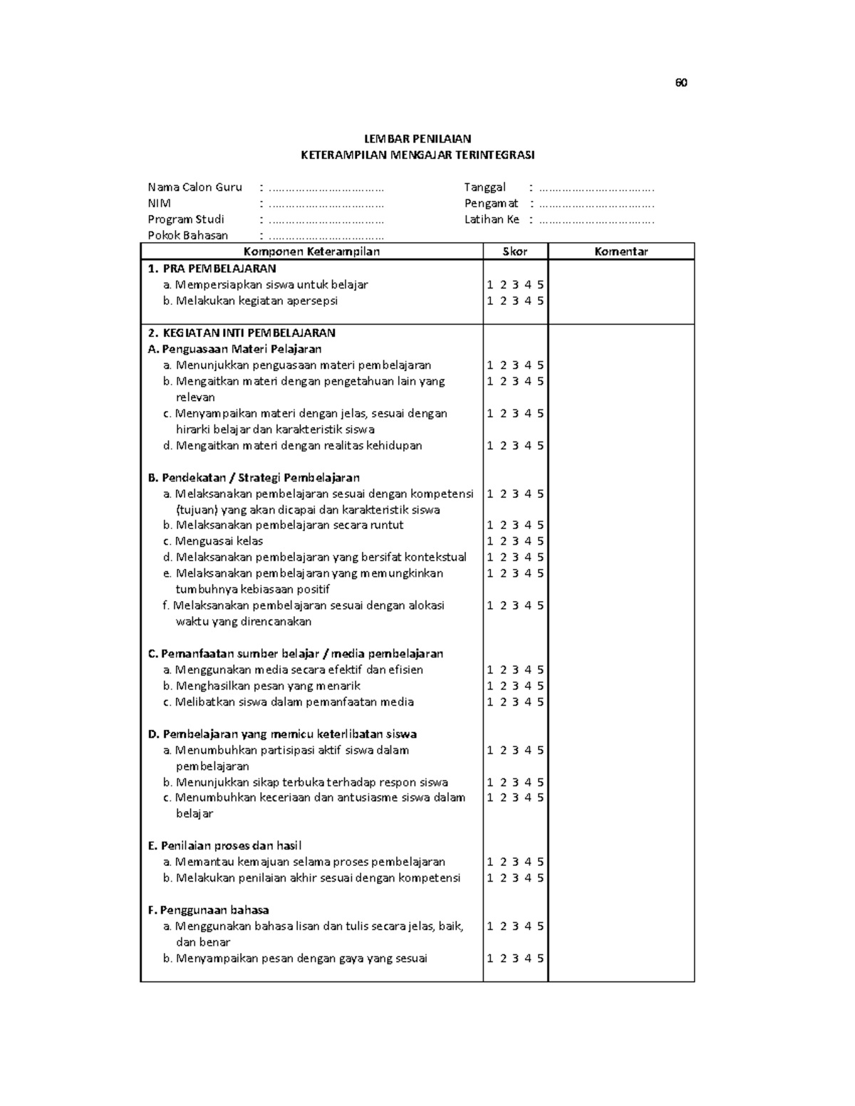 Lembar Penilaian Mengajar Terintegrasi - 60 LEMBAR PENILAIAN ...