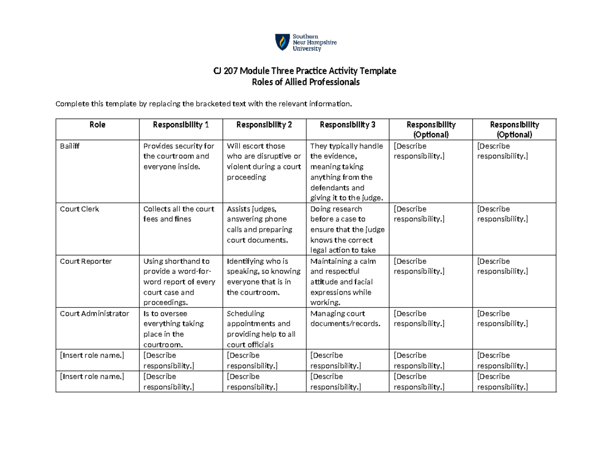 CJ 207 Module Three Practice Activity: Roles of Allied Professionals ...