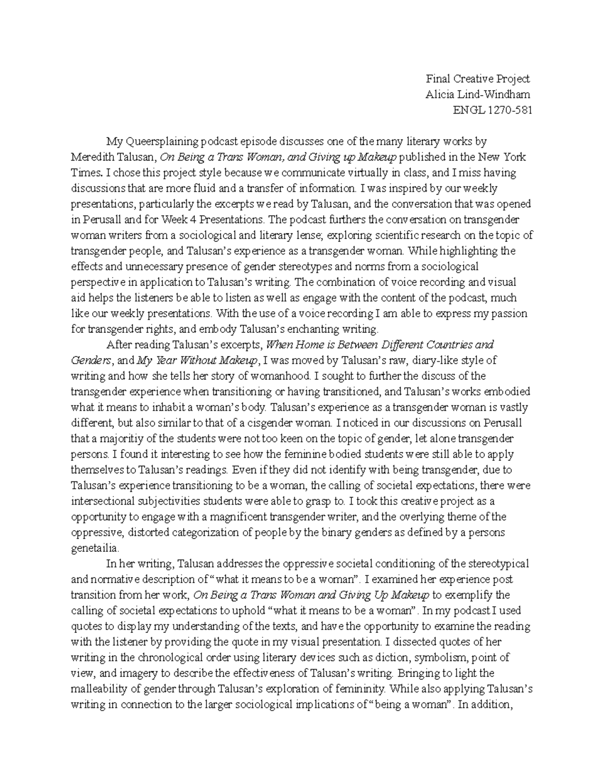 Reflection on Podcast - Final Creative Project Alicia Lind-Windham ENGL ...