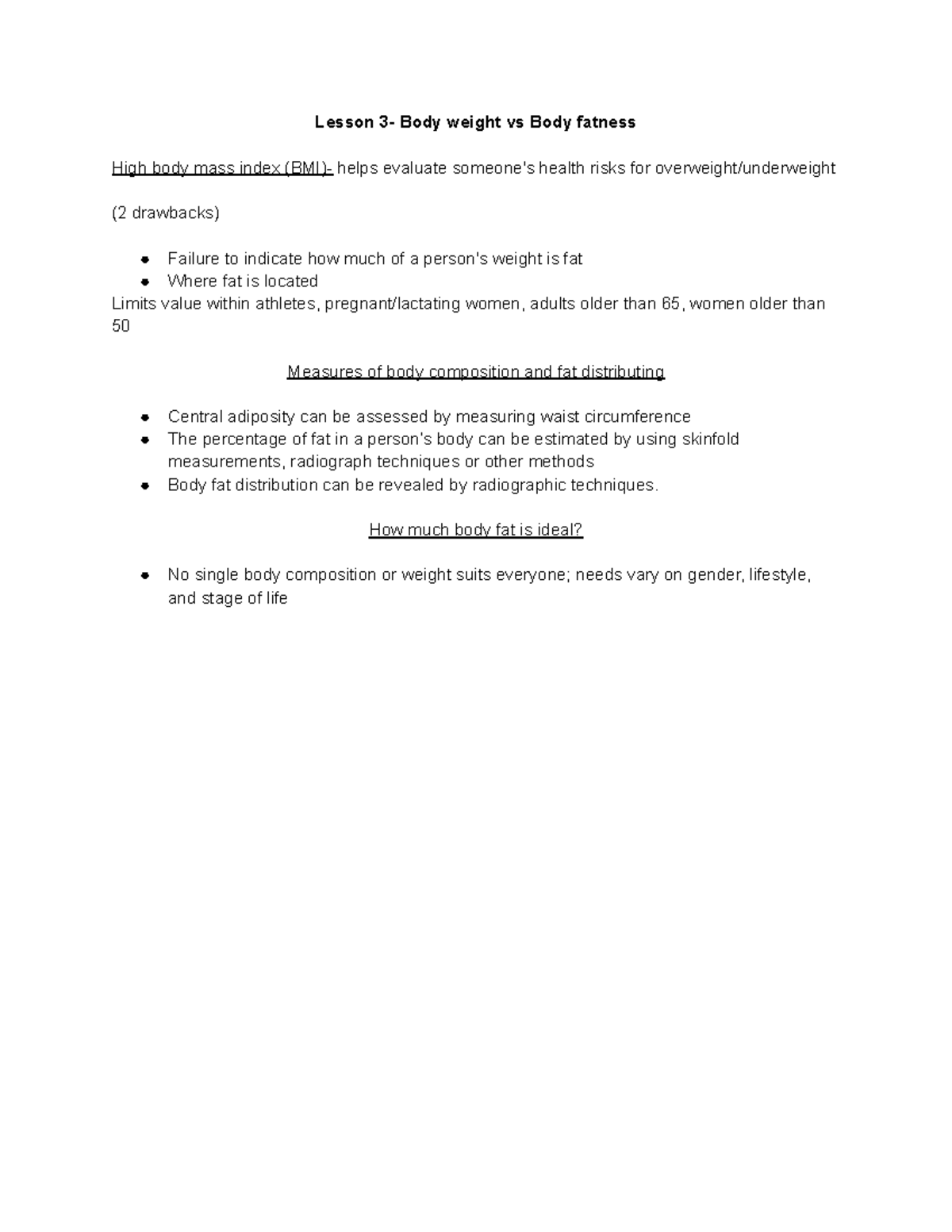 Lessons 3 and 4-nutrition concepts - Lesson 3- Body weight vs Body ...