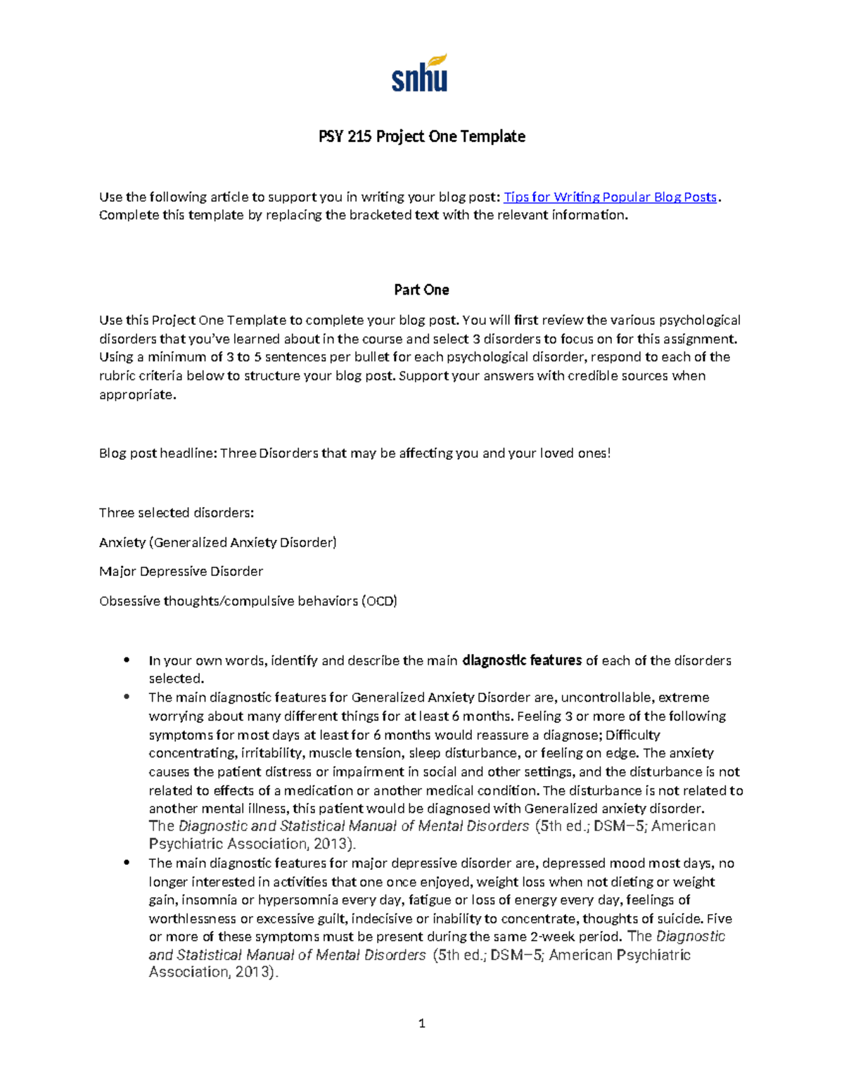 Ab psy module 4 - PSY 215 Project One Template Use the following article to support you in ...