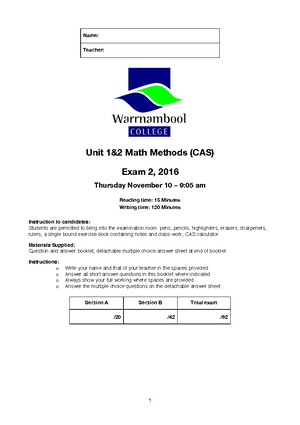 2022 Maths Methods Units 1 and 2 Exam 1 solutions - MATHS METHODS UNITS ...