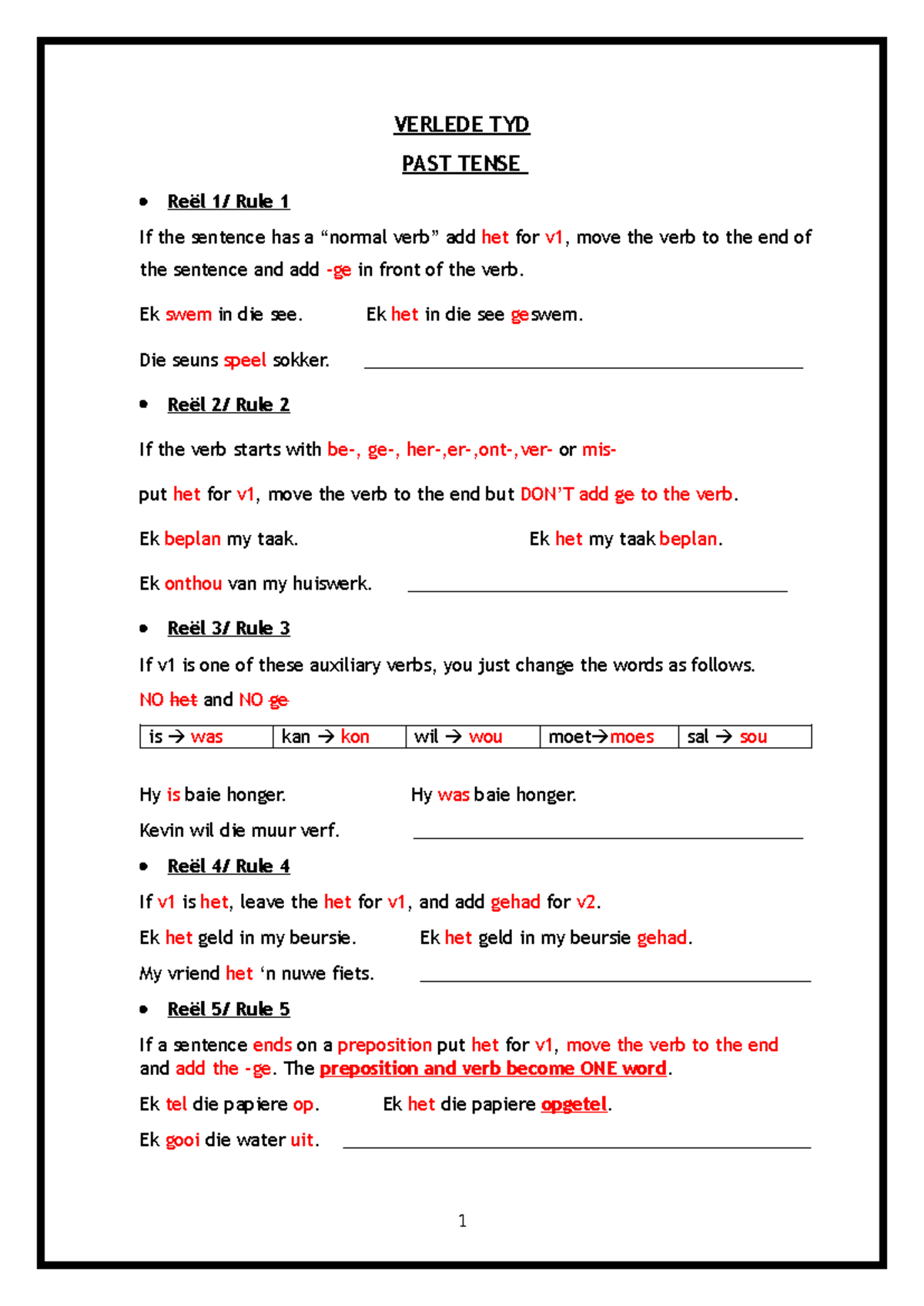 Verlede TYD - Rules for Additional LAnguage Learners - VERLEDE TYD PAST ...