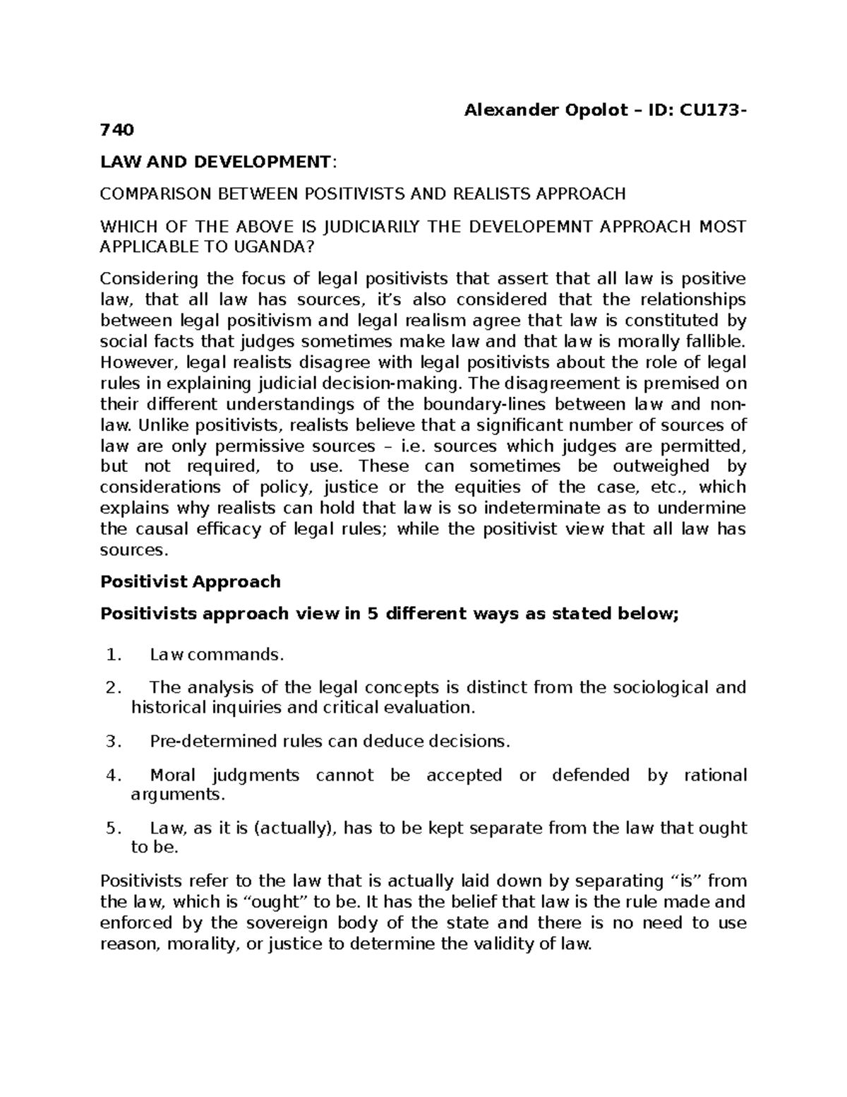 Assignment 2 - course work - Alexander Opolot – ID: CU173- 740 LAW AND DEVELOPMENT: COMPARISON ...
