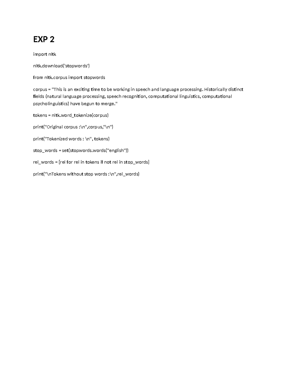 NLP Practicals - Practical Program - EXP 2 import nltk nltk('stopwords ...