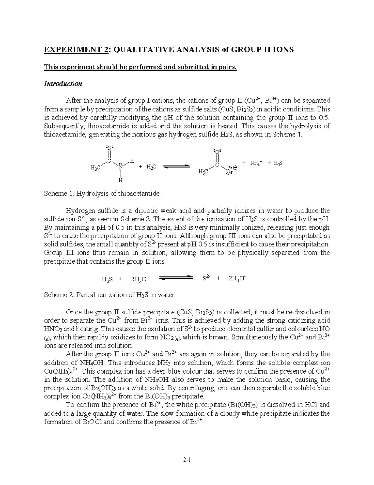 Lab 2 - Qual 2 lab - EXPERIMENT 2: QUALITATIVE ANALYSIS of GROUP II IONS This experiment should ...