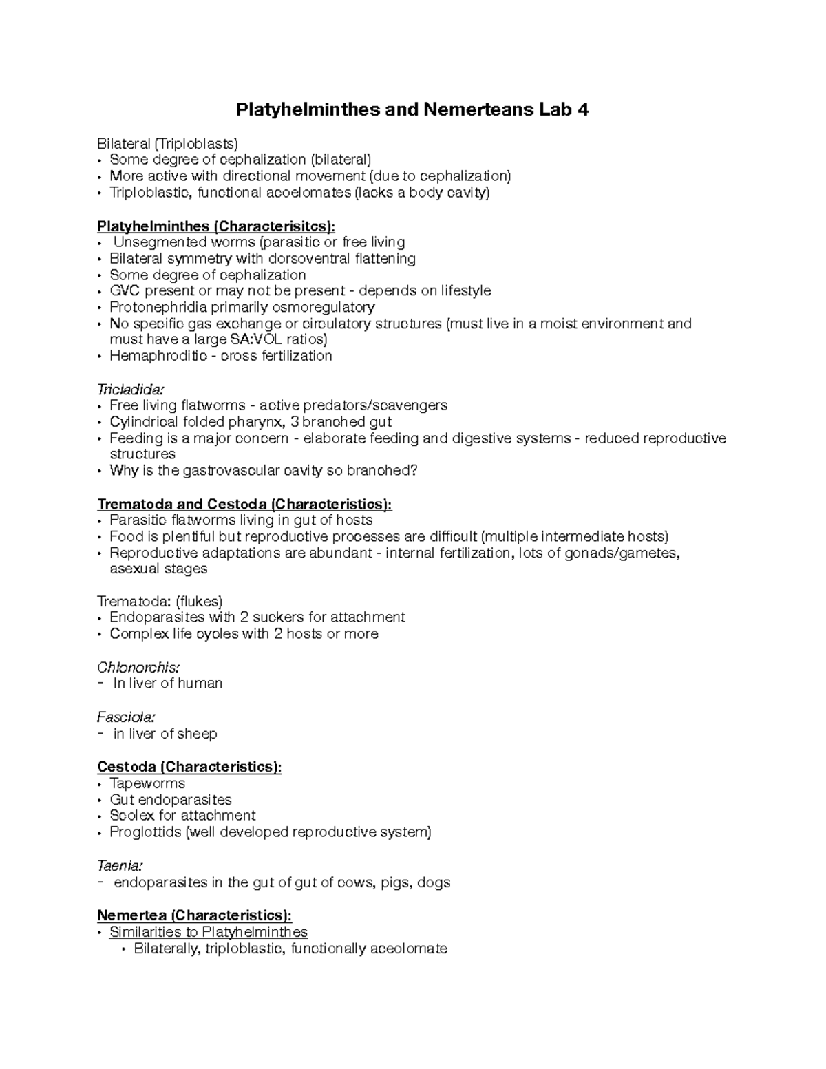 Lab 4 inverts - Platyhelminthes and Nemerteans Lab 4 Bilateral ...