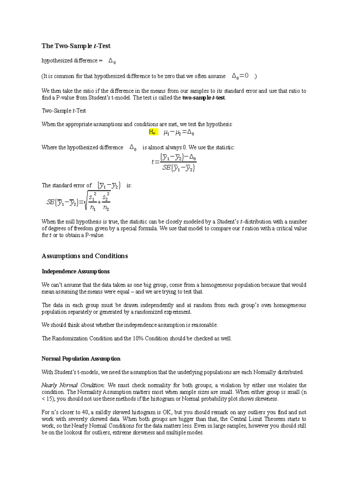 The Two-Sample t-Test - Lecture notes The Two-Sample t-Test - The Two ...