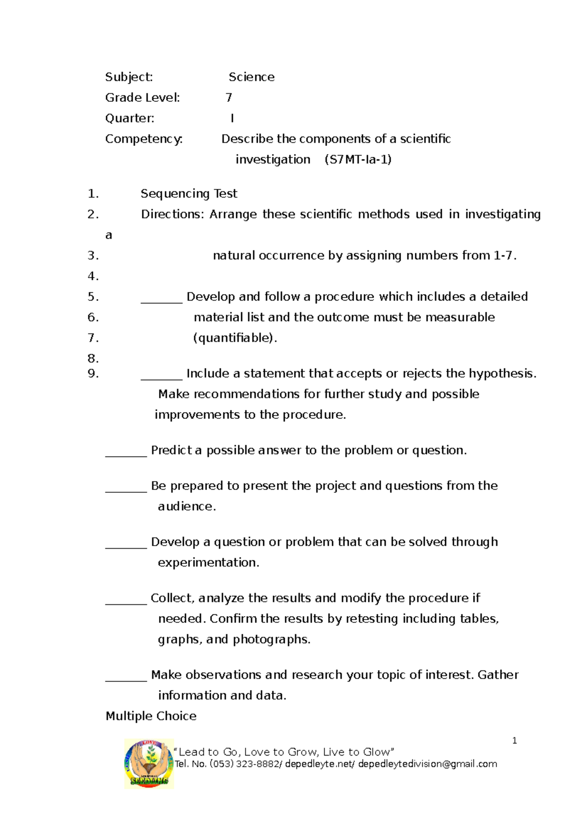 Science Questions For Grade 7