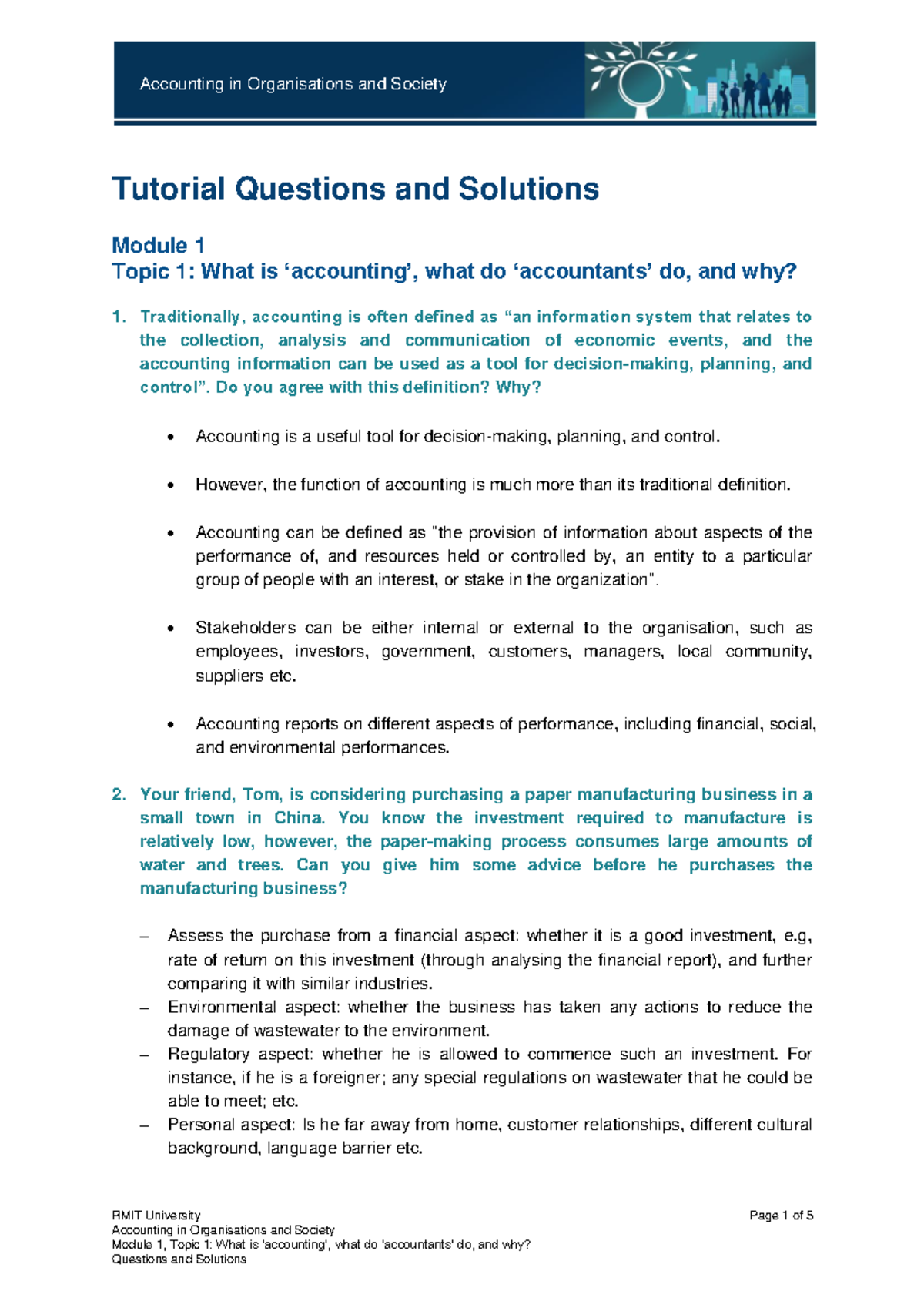 Module 1 Topic 1 Questions and Solutions - RMIT University Page 1 of 5 ...