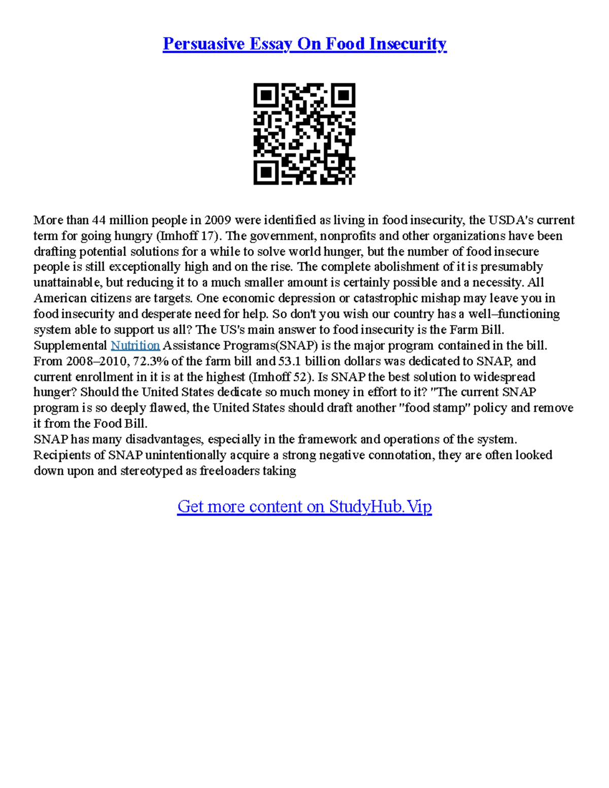 Essay On Food Security - Persuasive Essay On Food Insecurity More than ...