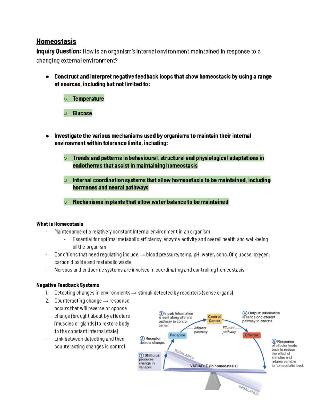 Biology Module 8 Notes - Homeostasis Inquiry Question: How is an ...