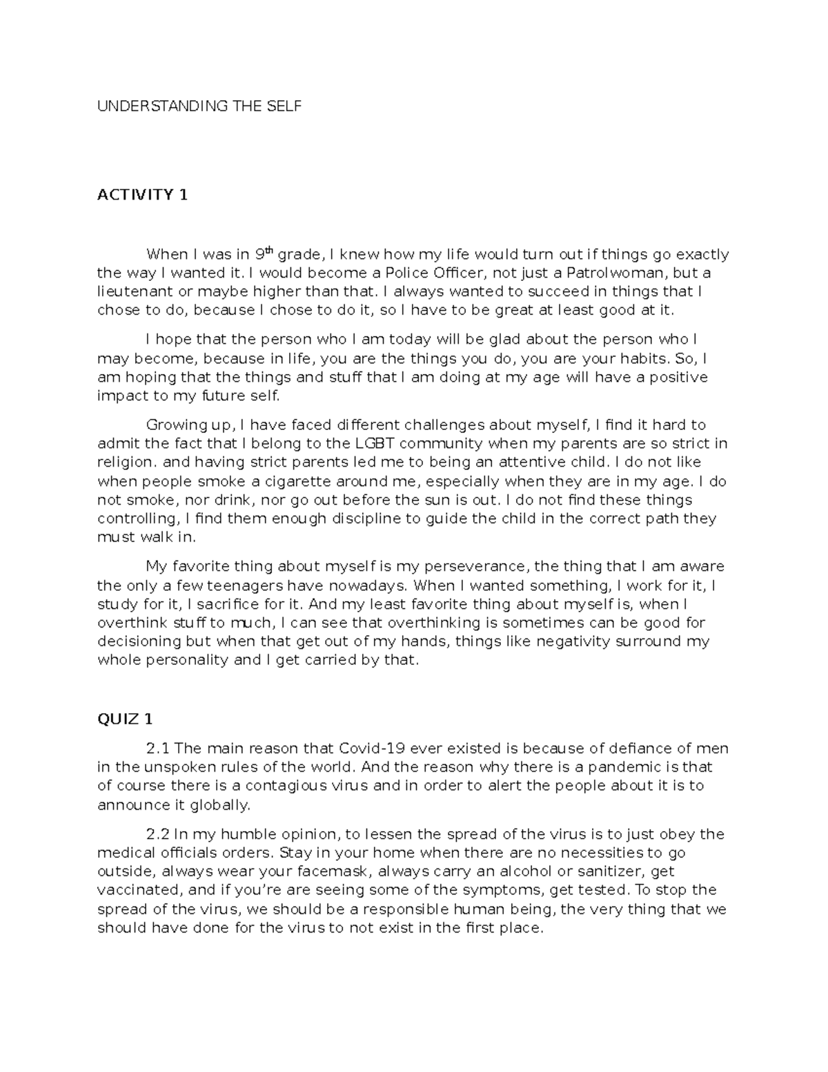 Understanding THE SELF 1 - UNDERSTANDING THE SELF ACTIVITY 1 When I was ...