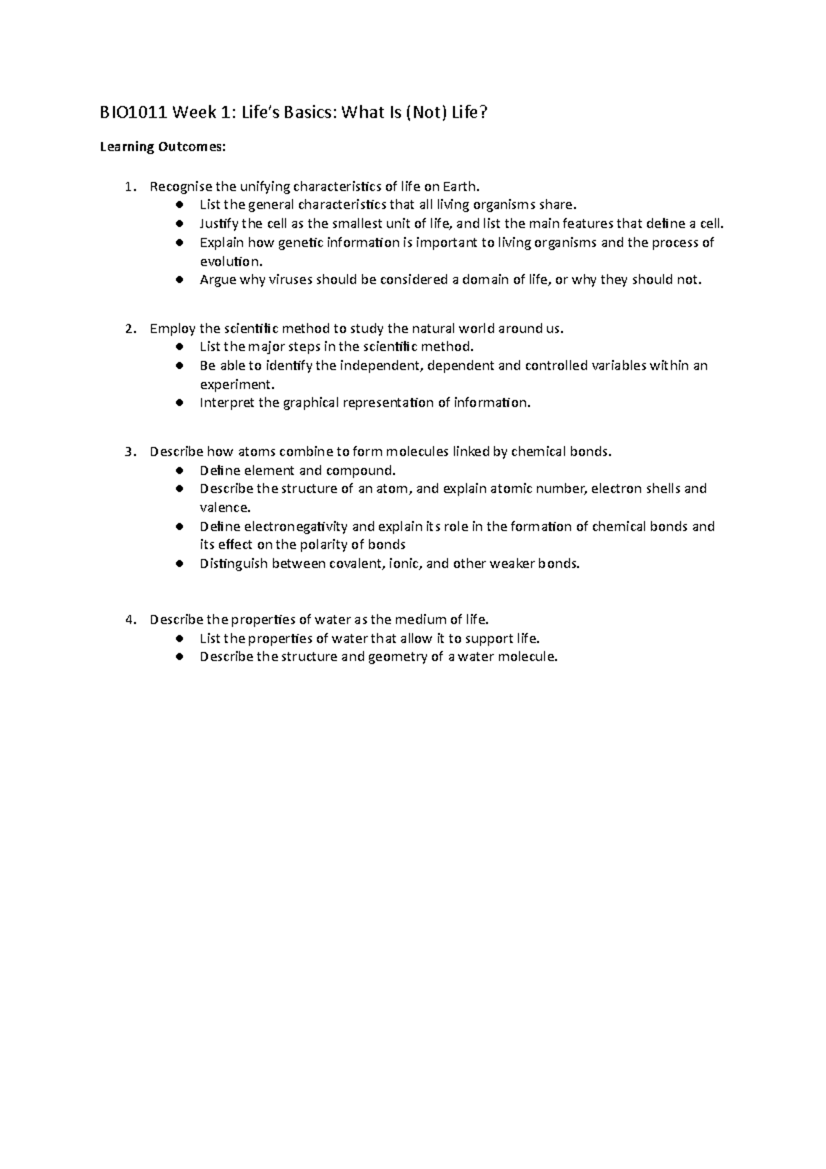 Week 1 - unfinished - BIO1011 Week 1: Life’s Basics: What Is (Not) Life? Learning Outcomes ...