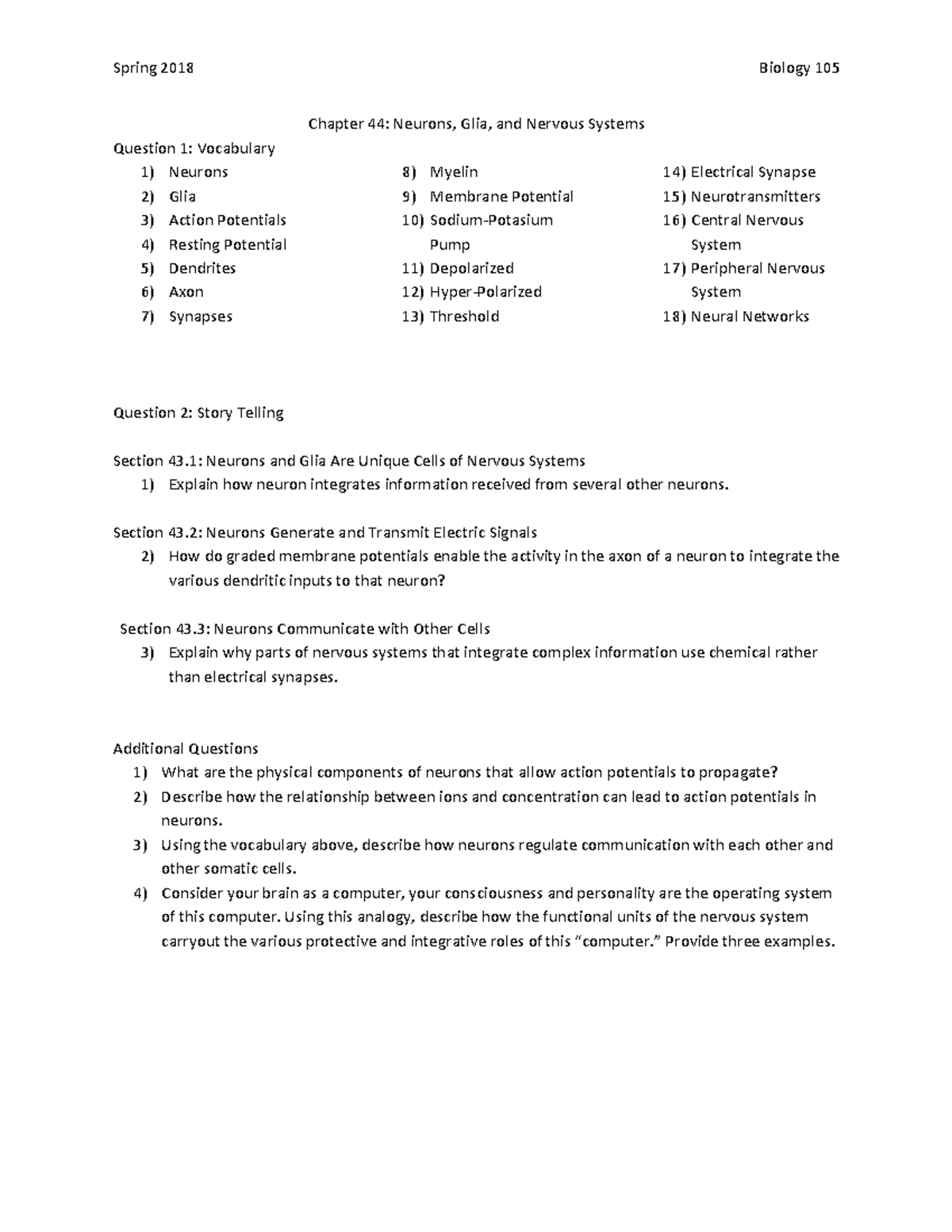 20. Nervous system - Spring 2018 Biology 105 Chapter 44: Neurons, Glia ...