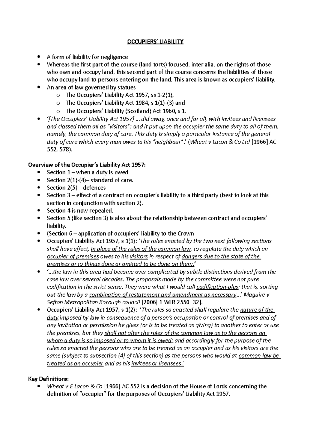 (4) Notes - Occupiers' liability - OCCUPIERS’ LIABILITY A form of ...