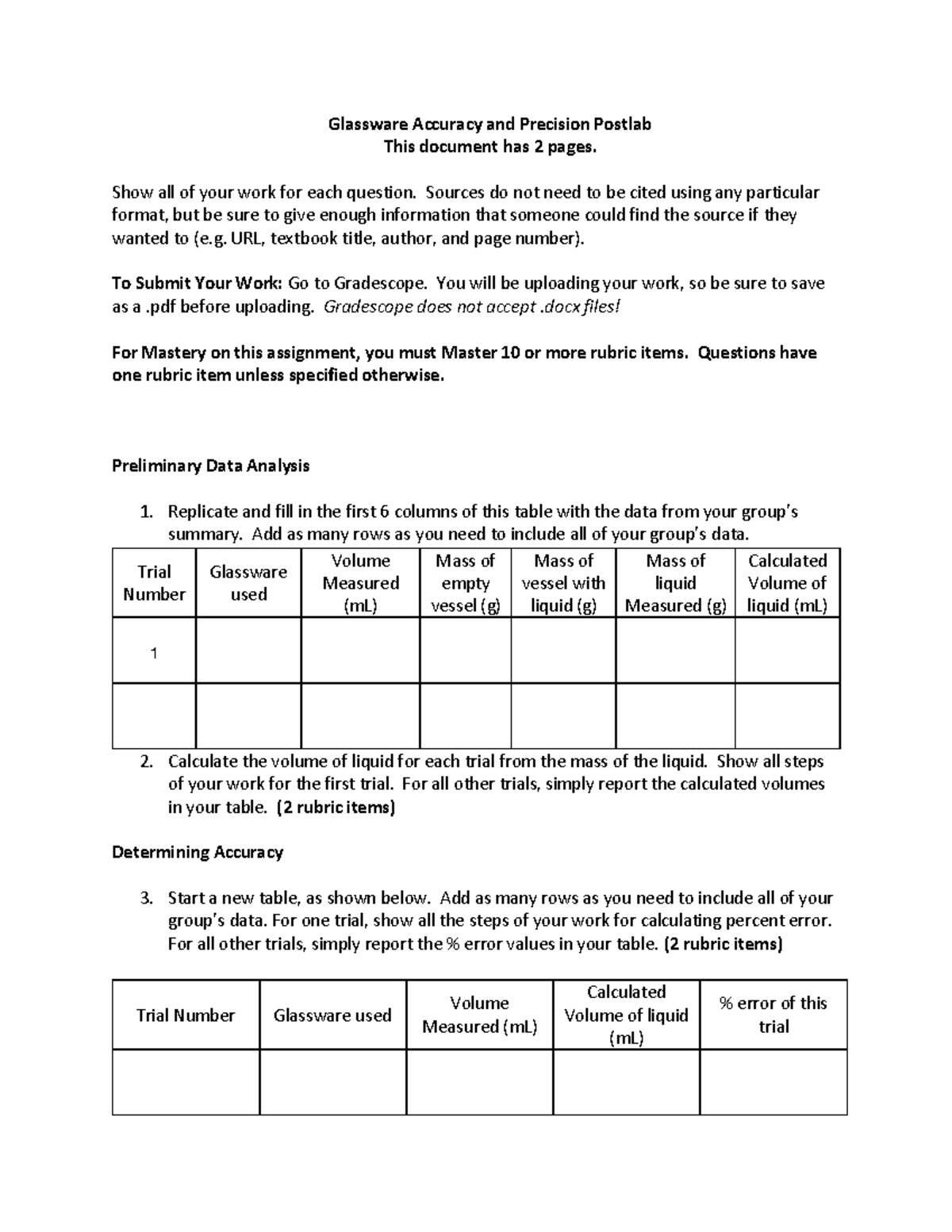 Glassware document - Glassware Accuracy and Precision Postlab This ...