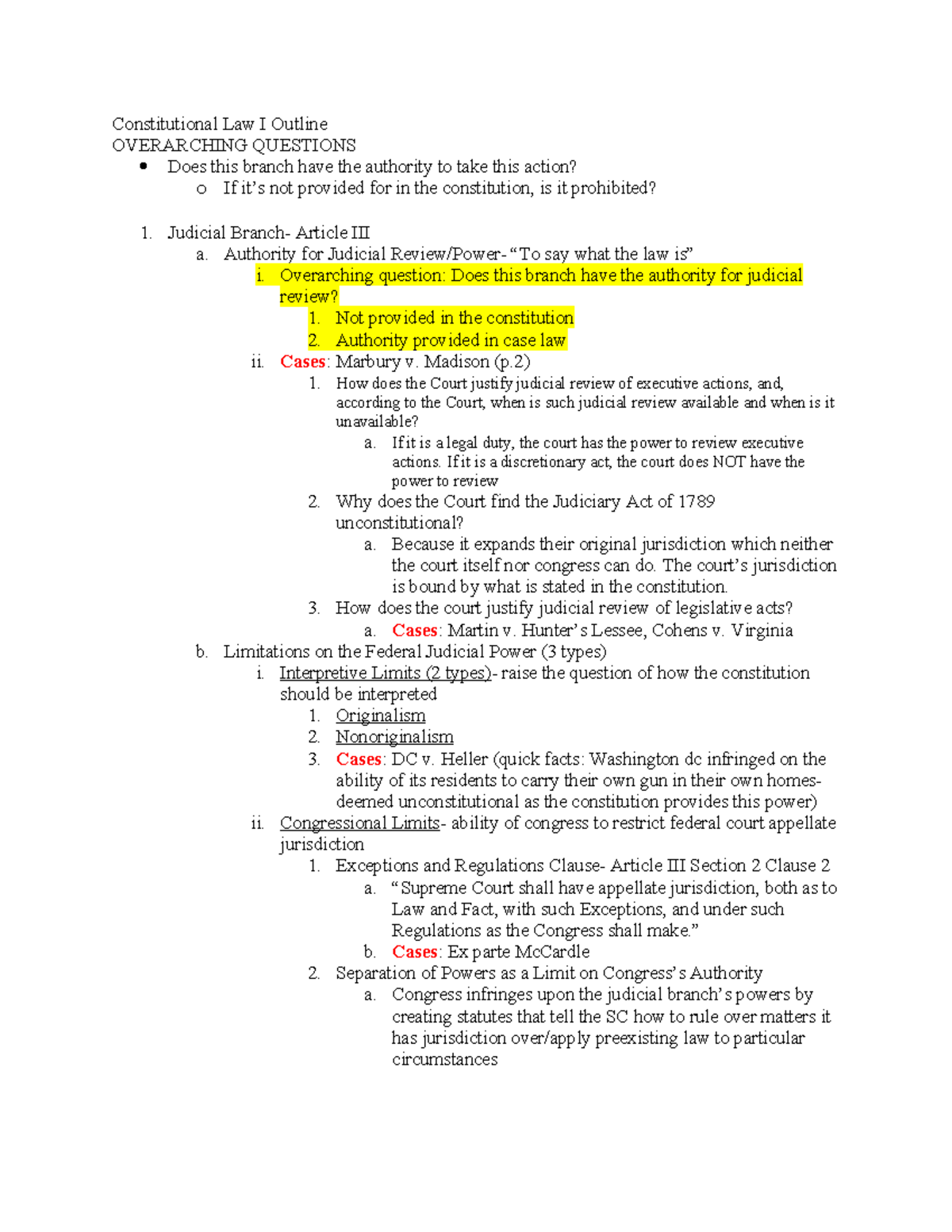Constitutional Law I Outline - Constitutional Law I Outline OVERARCHING ...