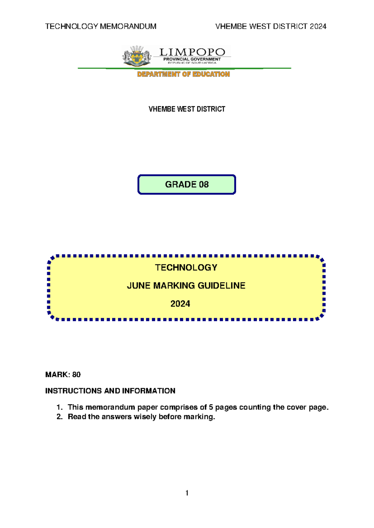 Grade 8 JUNE 2024 Technology Marking Guideline - VHEMBE WEST DISTRICT ...