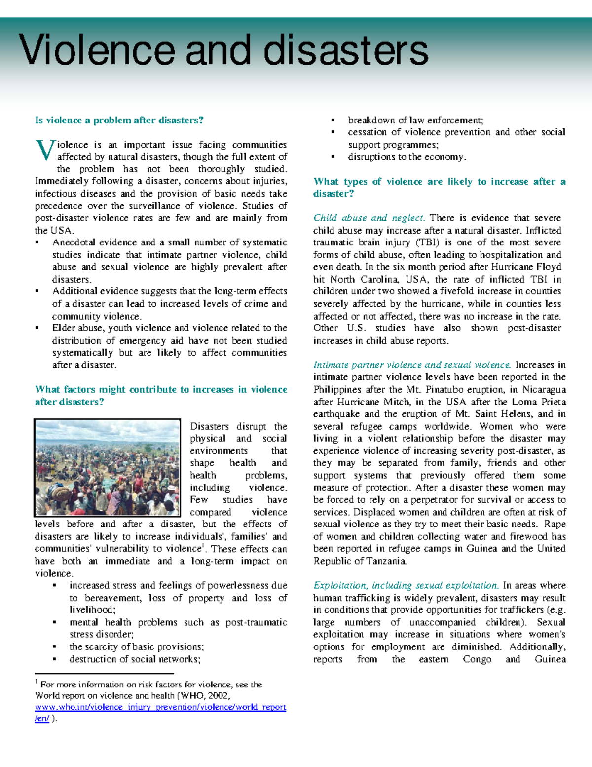 Violence AND disasters - Is violence a problem after disasters? iolence ...