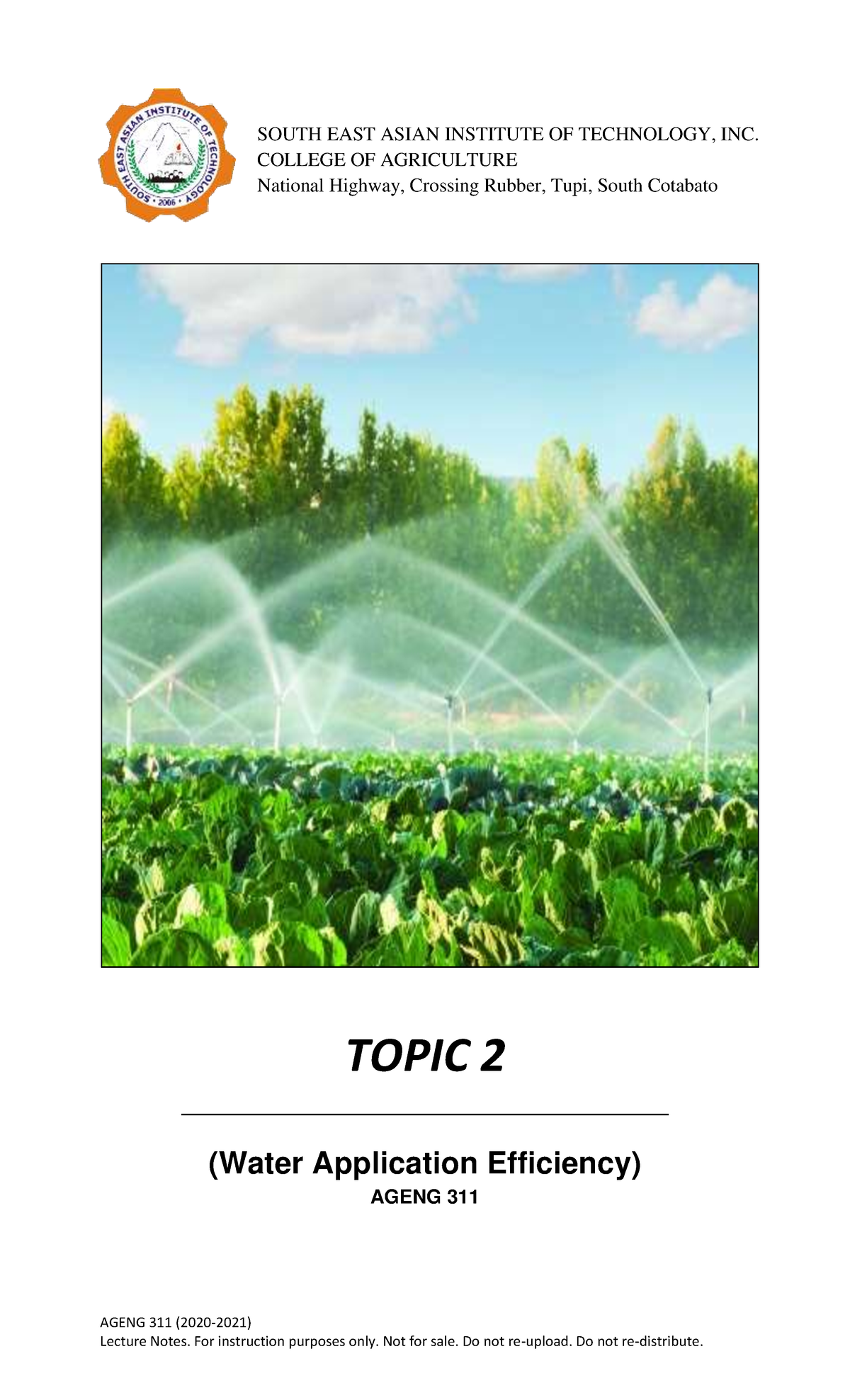 Topic 2- Water Application Efficiency in agriculture - AGENG 311 (2020 ...