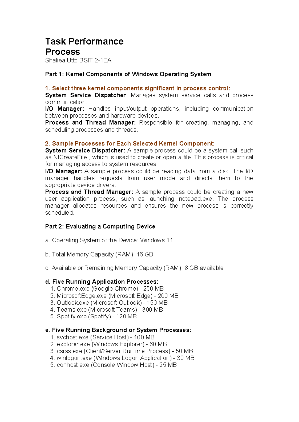 Task Performance - non - Task Performance Process Shaliea Utto BSIT 2-1EA Part 1: Kernel ...