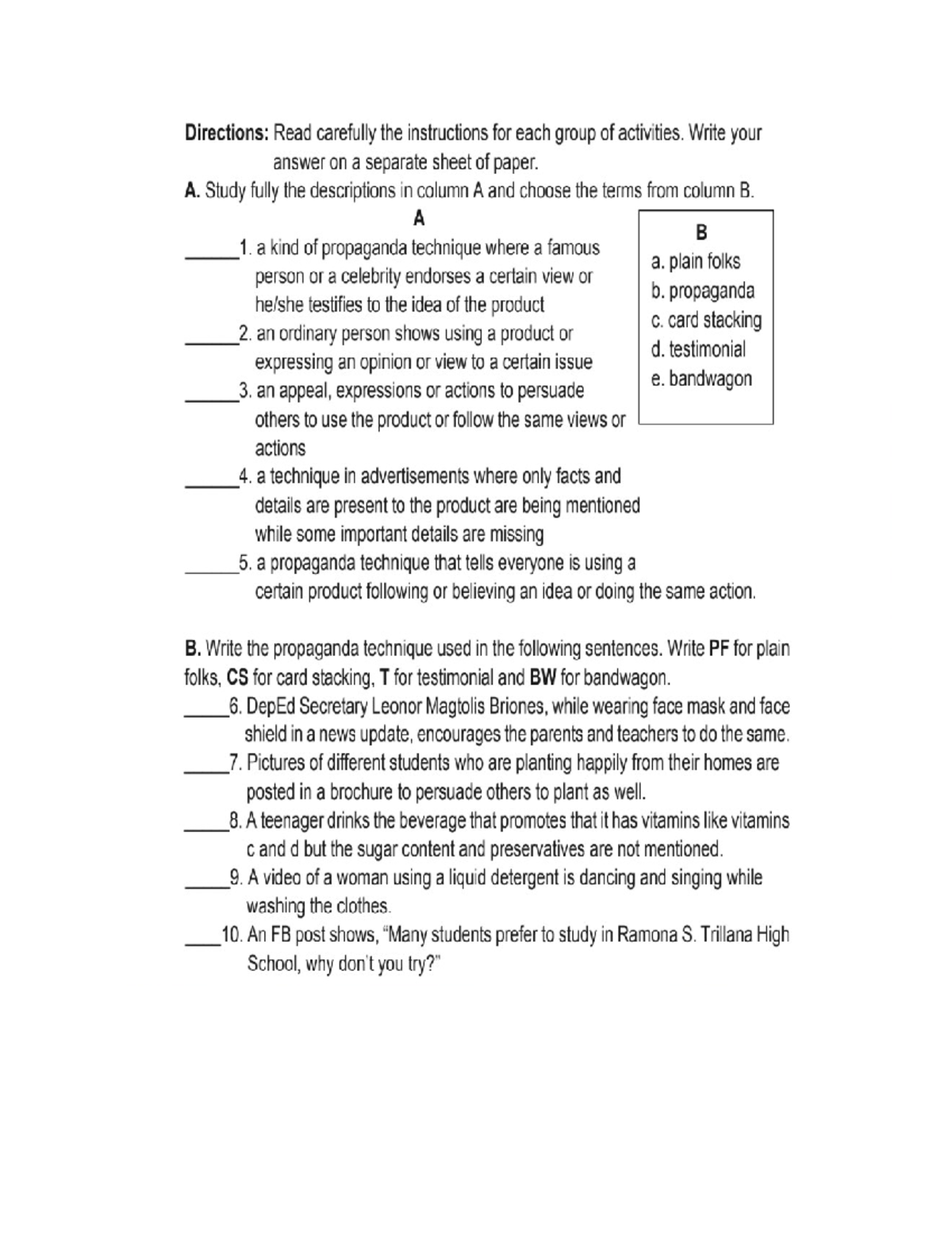 Activity Grade 8 - Directions: Read carefully the instructions for each ...