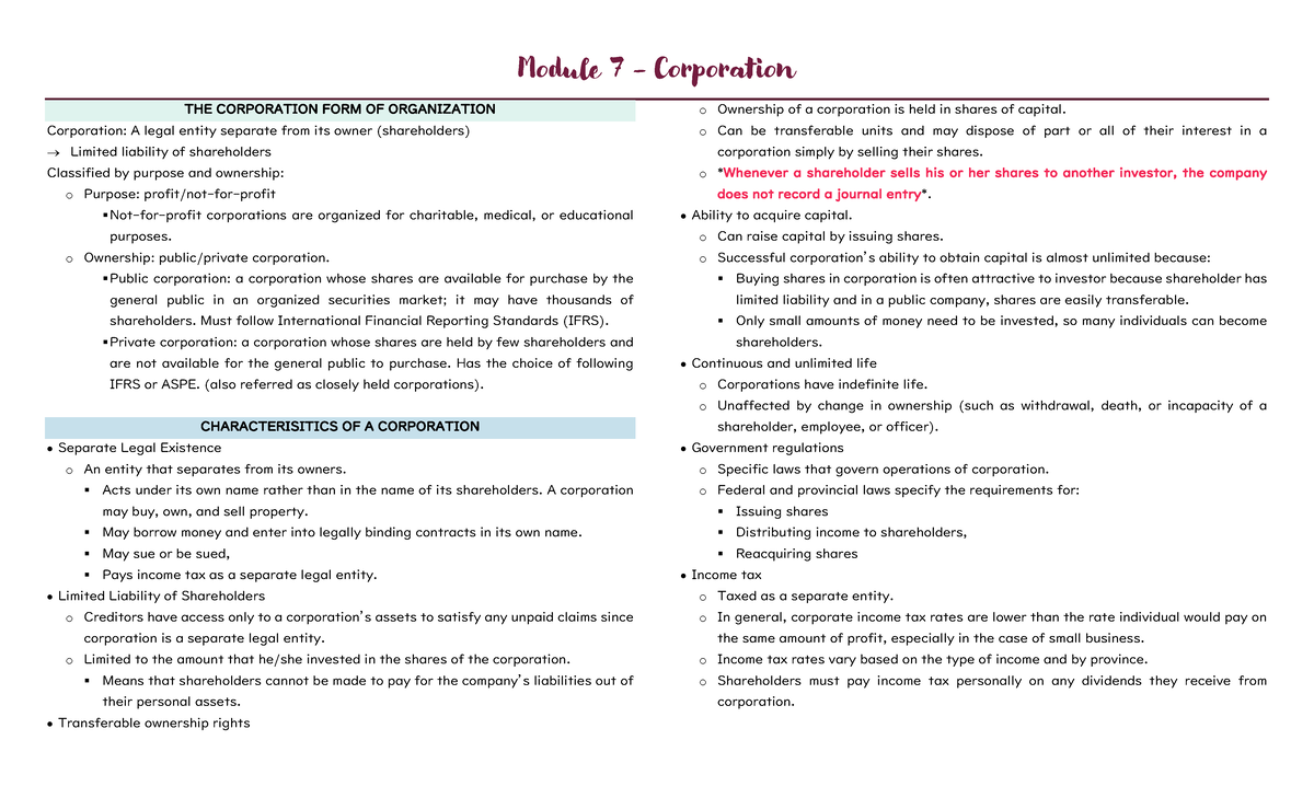 ACCT2071 - Module 7 Notes - Module 7 - Corporation THE CORPORATION FORM ...