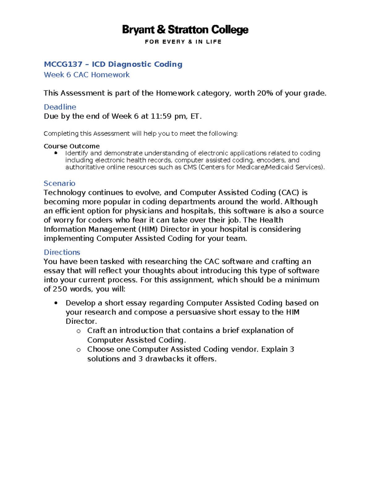 MCCG137 - W6 CAC Homework - MCCG137 – ICD Diagnostic Coding Week 6 CAC Homework This Assessment ...