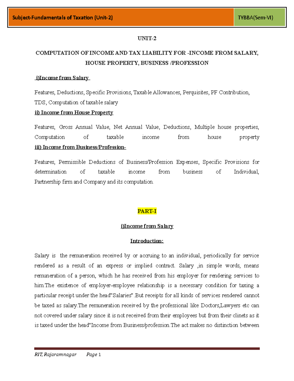 Taxation-Unit-2(Part-I-Income from Salary) - UNIT- COMPUTATION OF ...