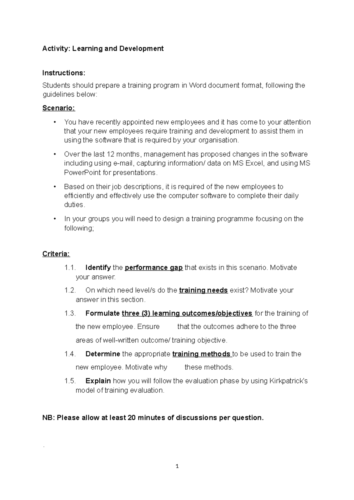 Unit 8 learning and Development Activity - Activity: Learning and Development Instructions ...