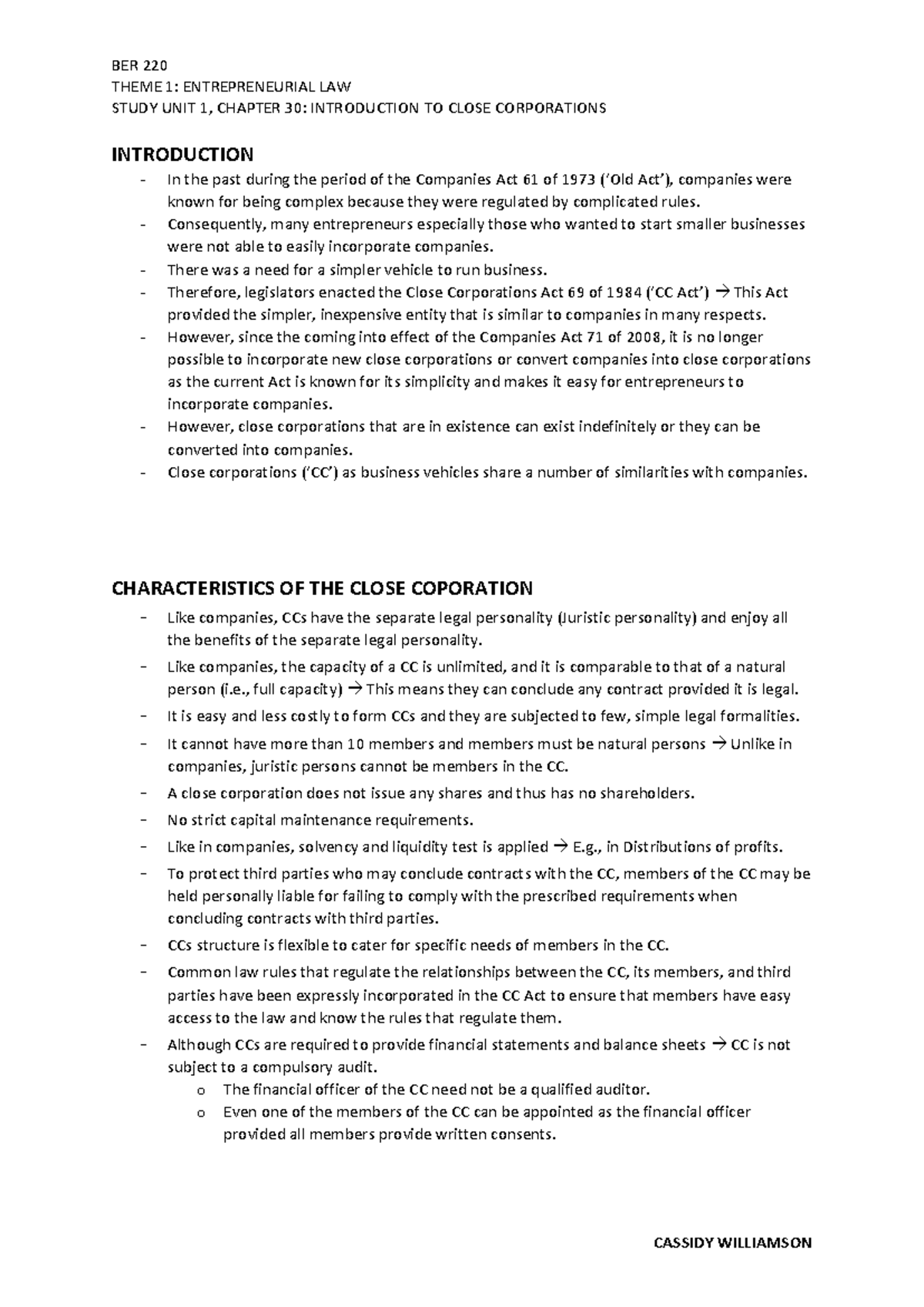 Study Unit 1. Introduction to Close Corporations (Ch 30) - BER 220 ...