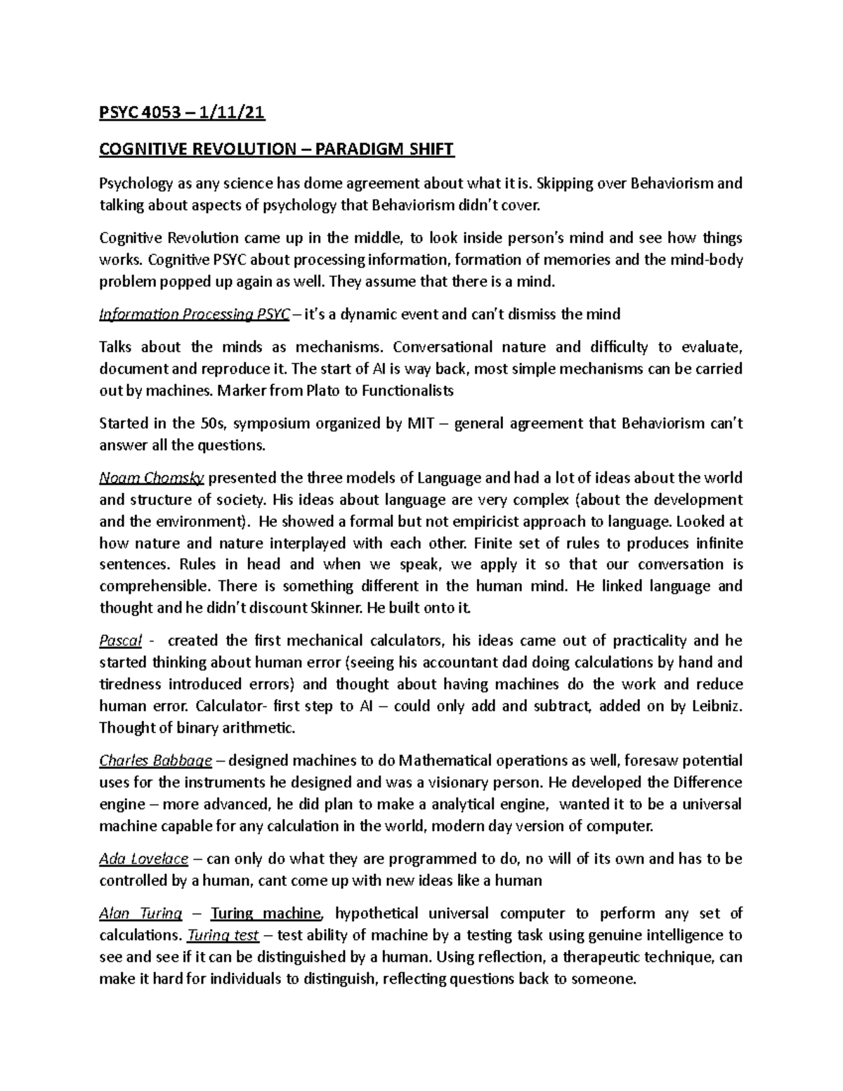 cognitive psych - PSYC 4053 – 1/11/ COGNITIVE REVOLUTION – PARADIGM ...