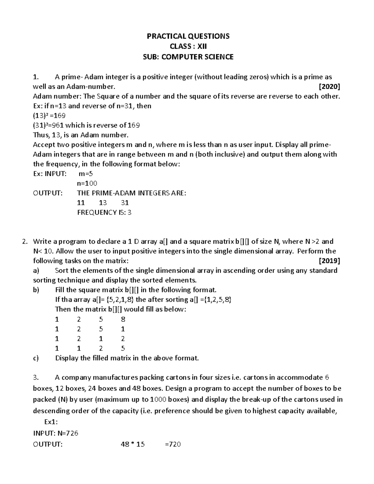 practice paper 2024-25 - PRACTICAL QUESTIONS CLASS : XII SUB: COMPUTER SCIENCE 1. A prime- Adam ...