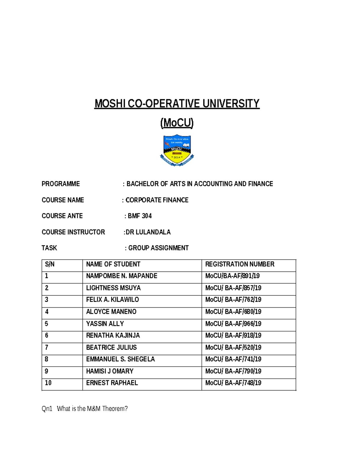 Corporate Finance - good - MOSHI CO-OPERATIVE UNIVERSITY (MoCU ...