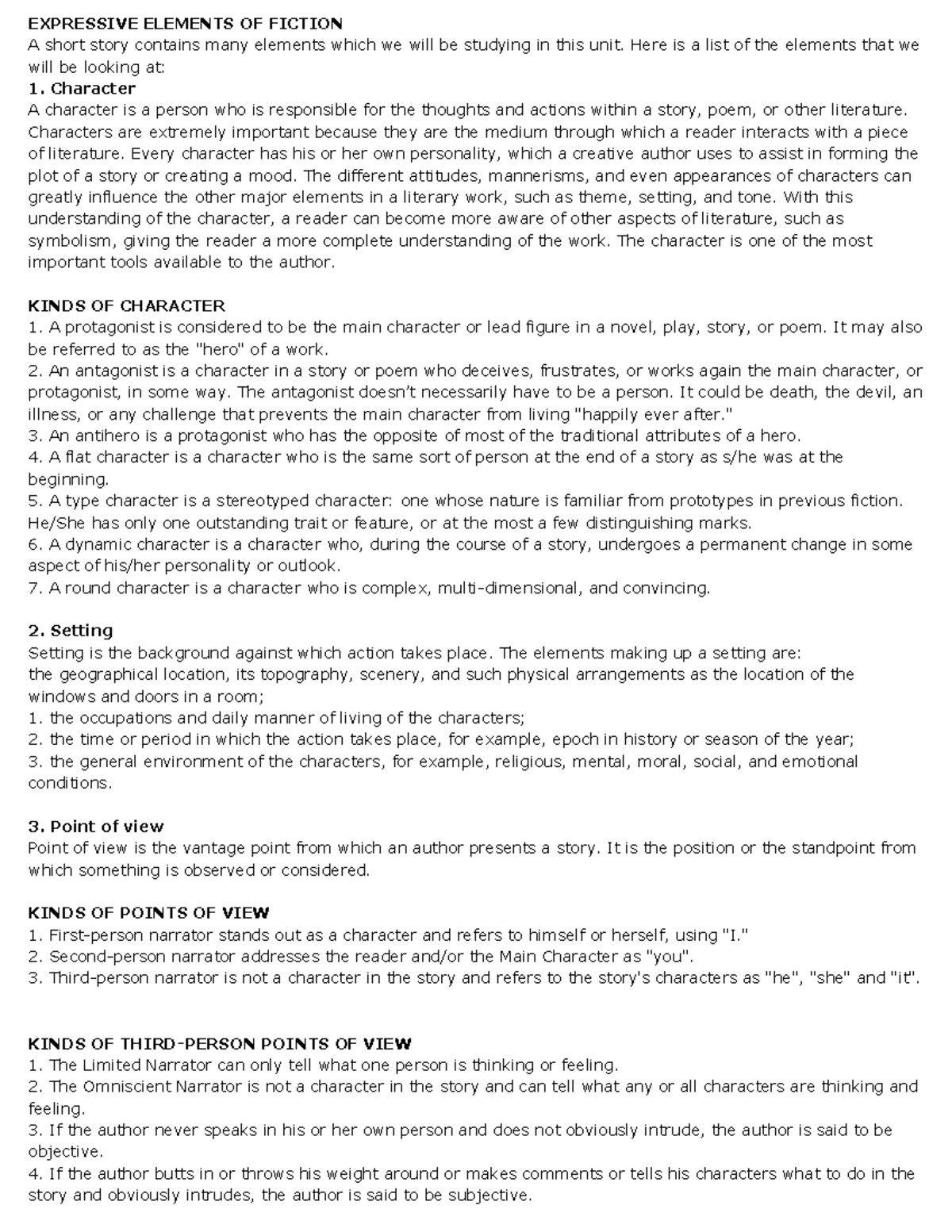 Lit Expressive Elements of Fiction - EXPRESSIVE ELEMENTS OF FICTION A ...