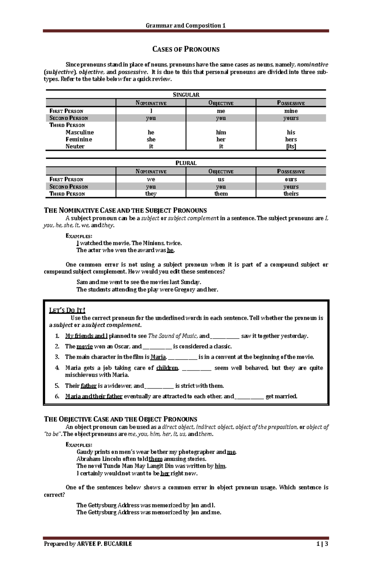 Lecture Notes in the Cases of Pronouns - English - SLU - Studocu