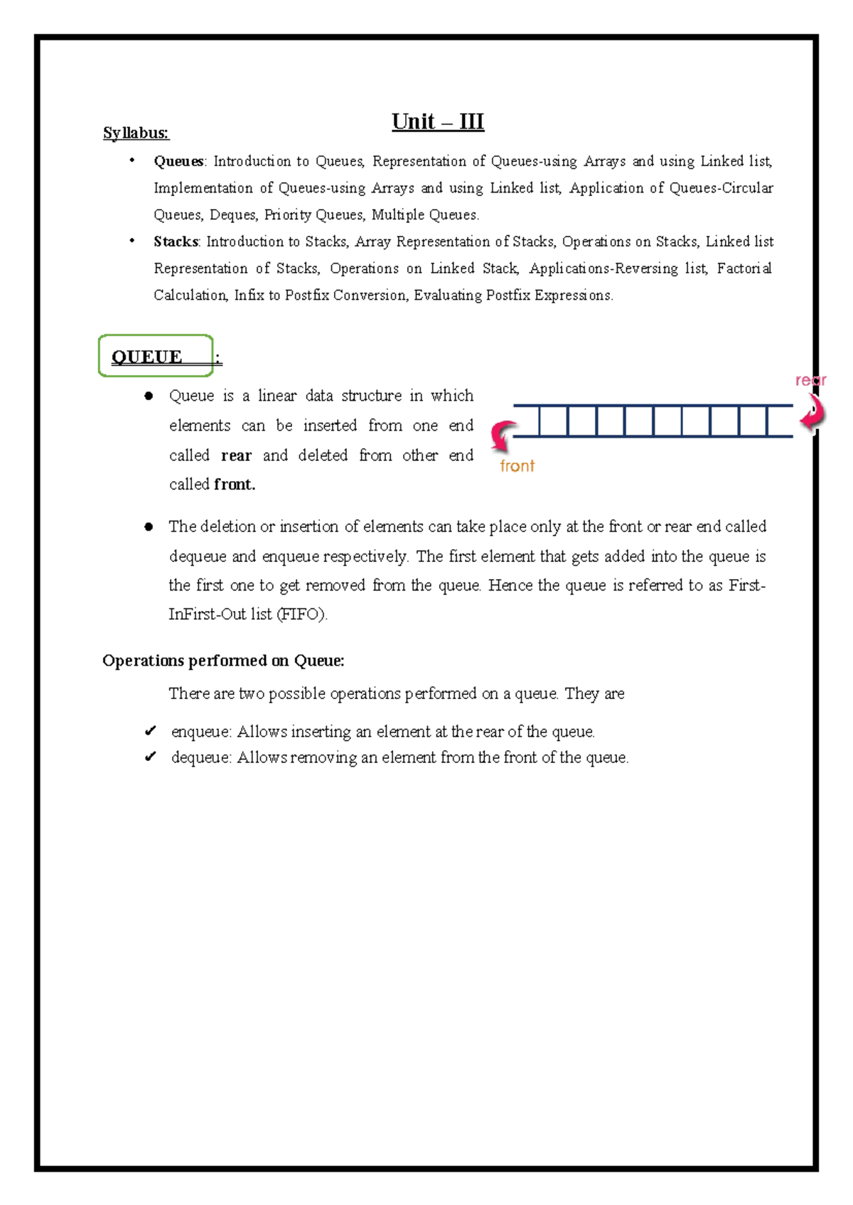Data Structuresand Algorithms Ii Year I Semester Syllabus Unit Iii • Queues Introduction 