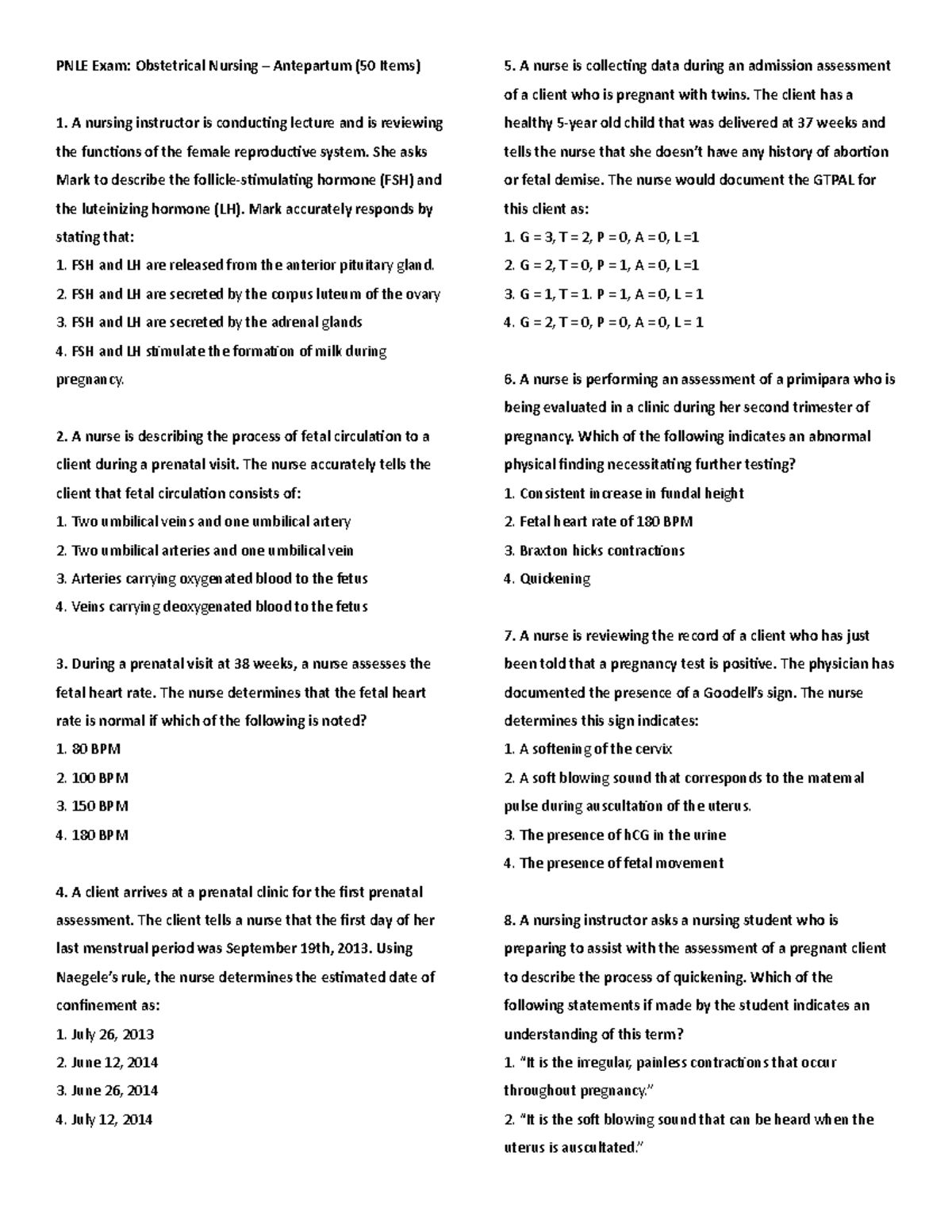 NP2 Sample Test 1 - PNLE Exam: Obstetrical Nursing – Antepartum (50 ...