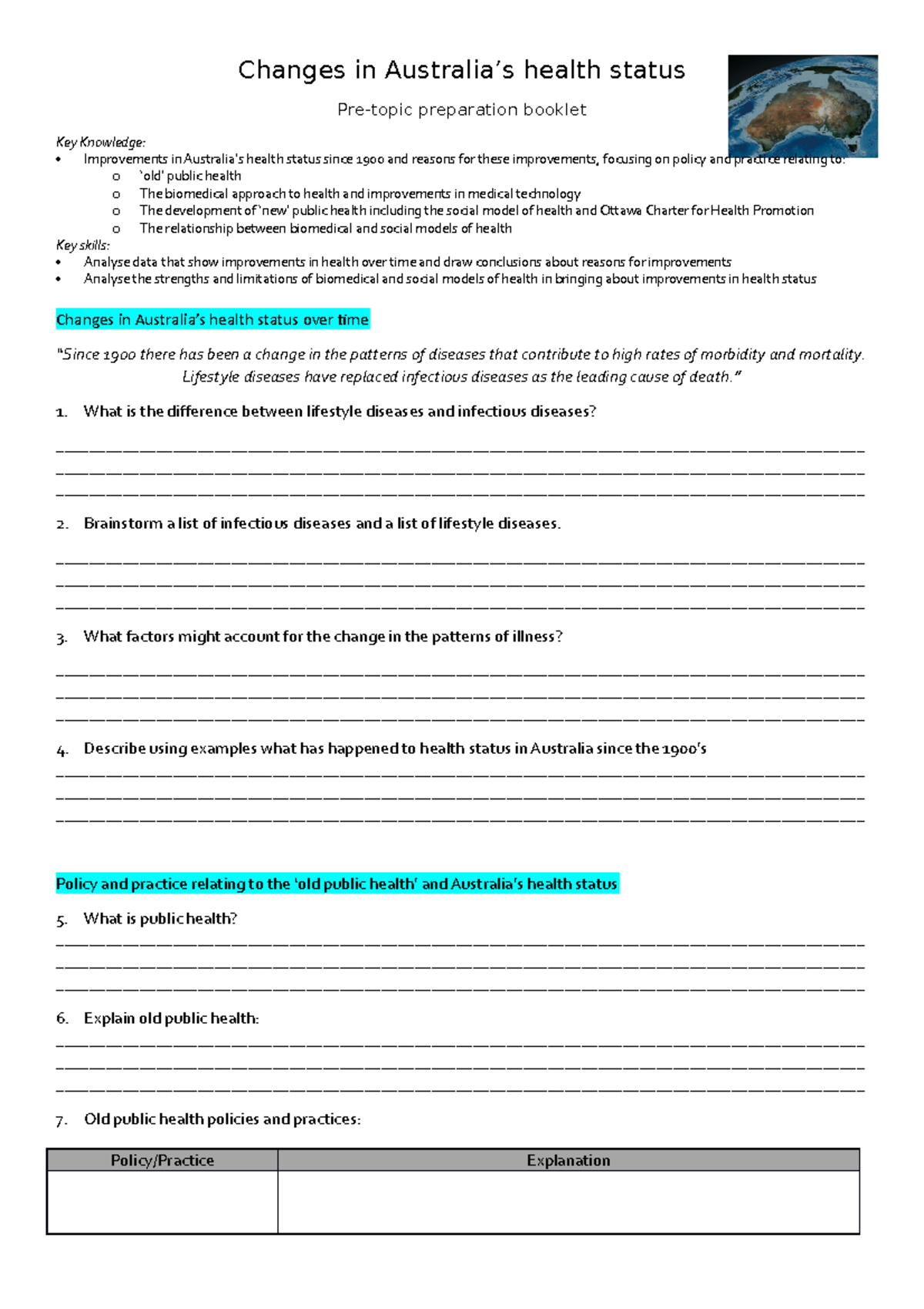 Changes in Australia health status - pre-topic preparation booklet ...