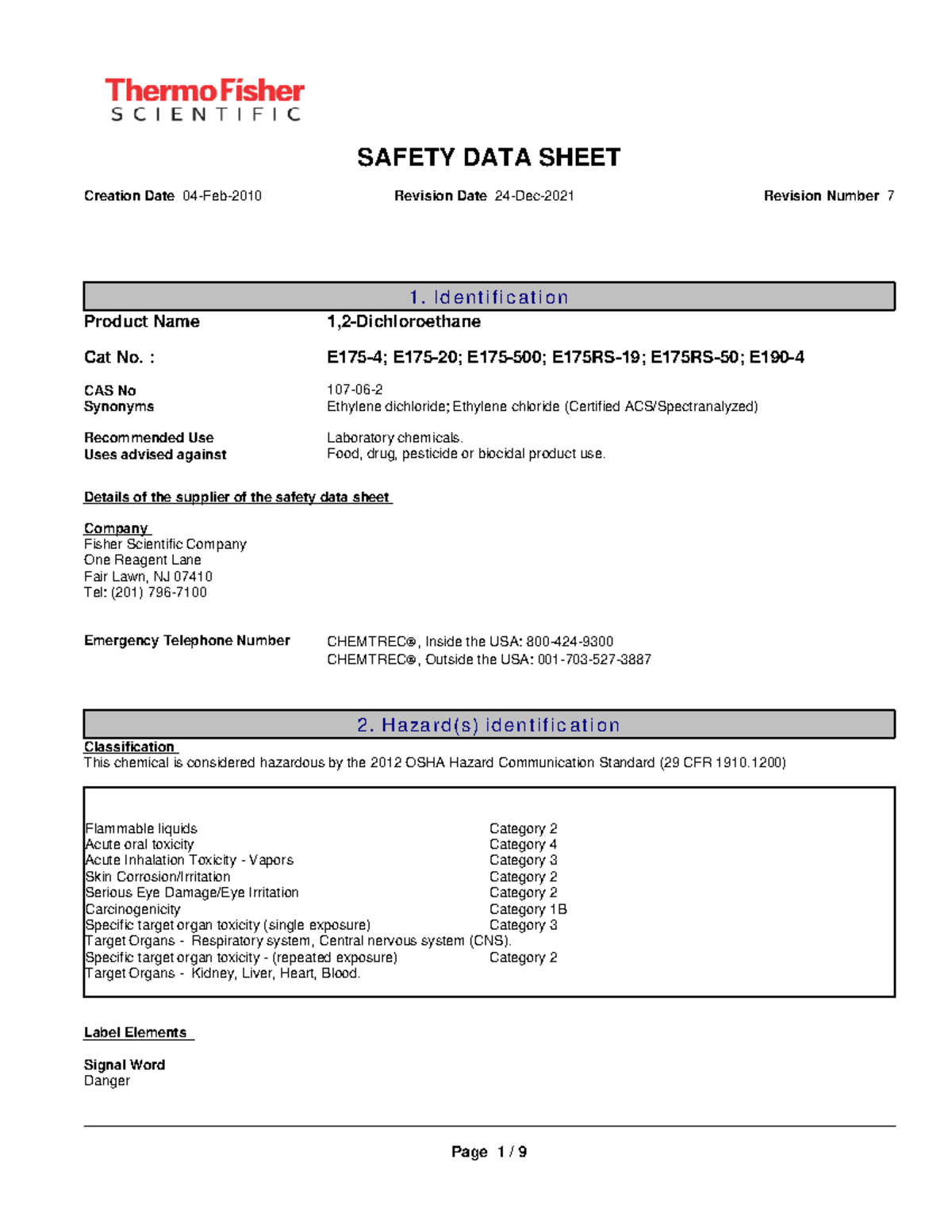 Msds - Assignment - SAFETY DATA SHEET Creation Date 04-Feb-2010 ...
