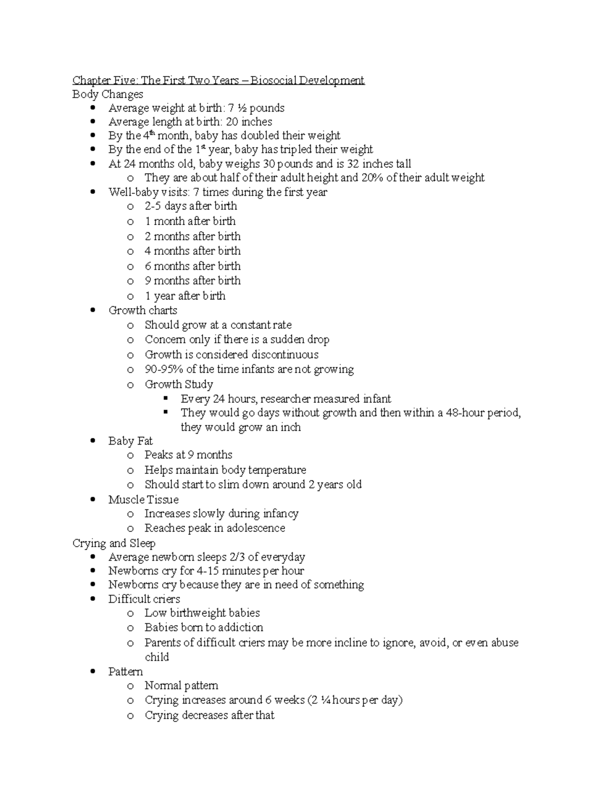 Chapter 5 Notes - Chapter Five: The First Two Years – Biosocial ...