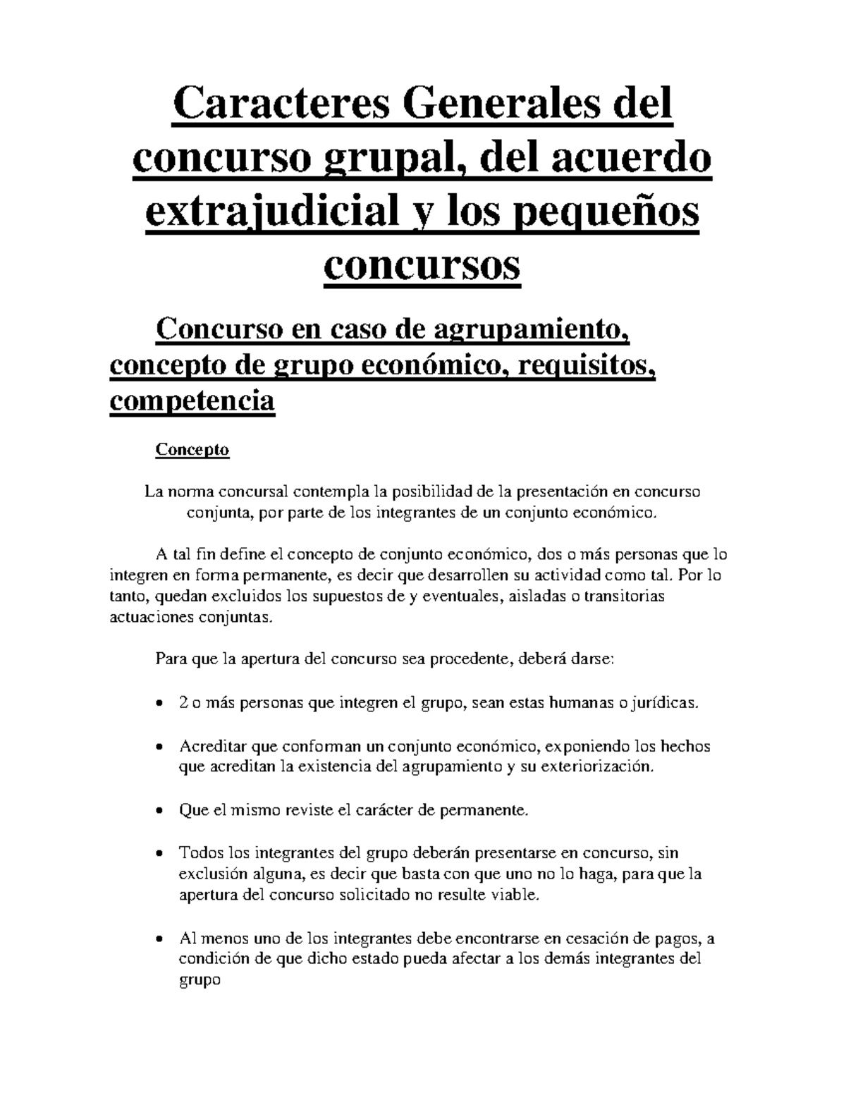 7- Caracteres Generales del concurso grupal, del acuerdo extrajudicial y los pequeños concursos ...