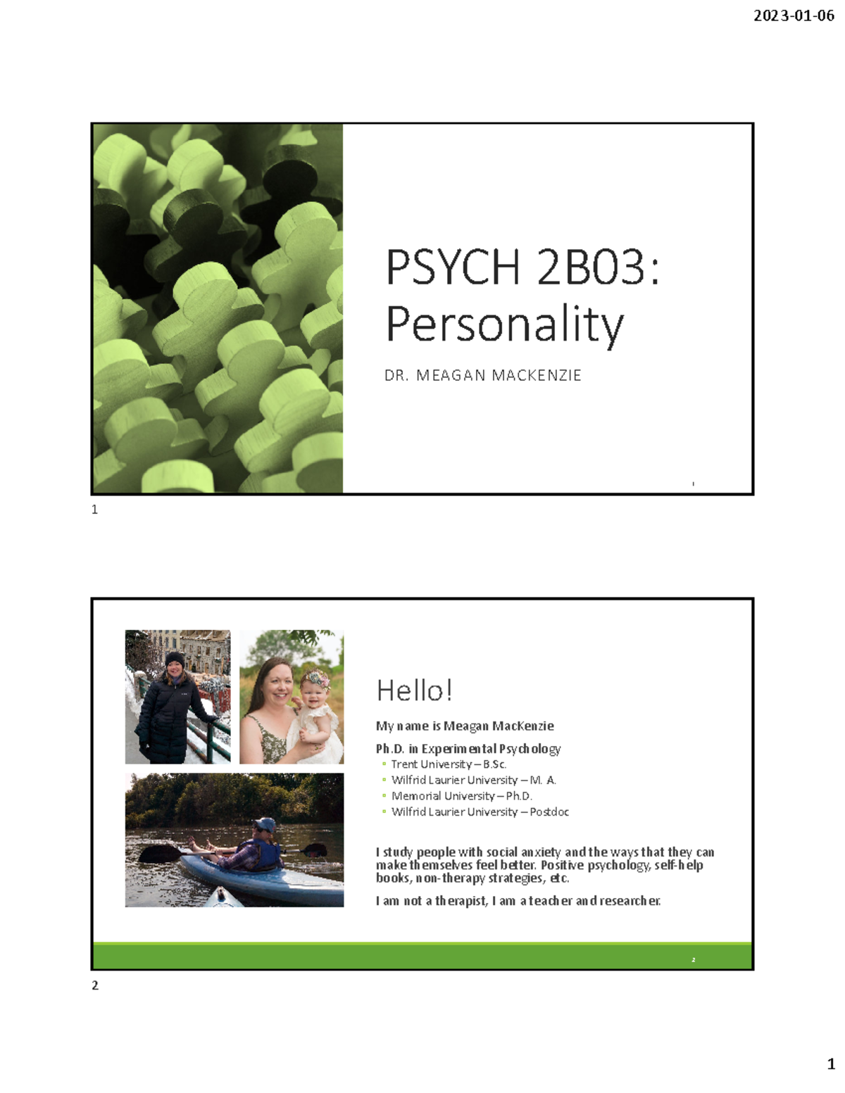 Week 1 - Syllabus Walkthrough w23 - PSYCH 2B03: Personality DR. MEAGAN ...