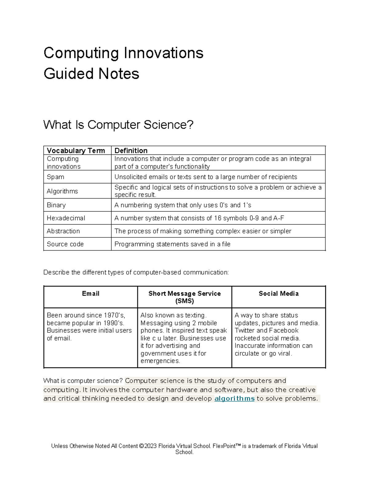 Guided notes 1 - Computing Innovations Guided Notes What Is Computer ...