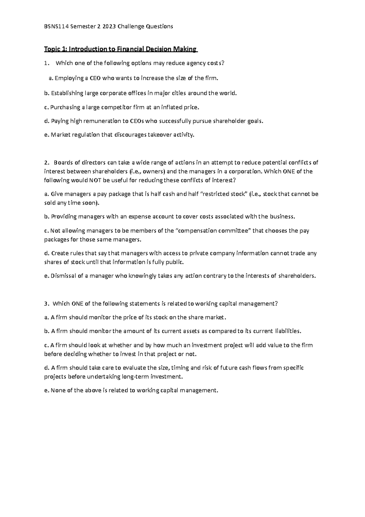 Challenge Questions BSNS114 Semester 2 - Topic 1: Introduction to ...